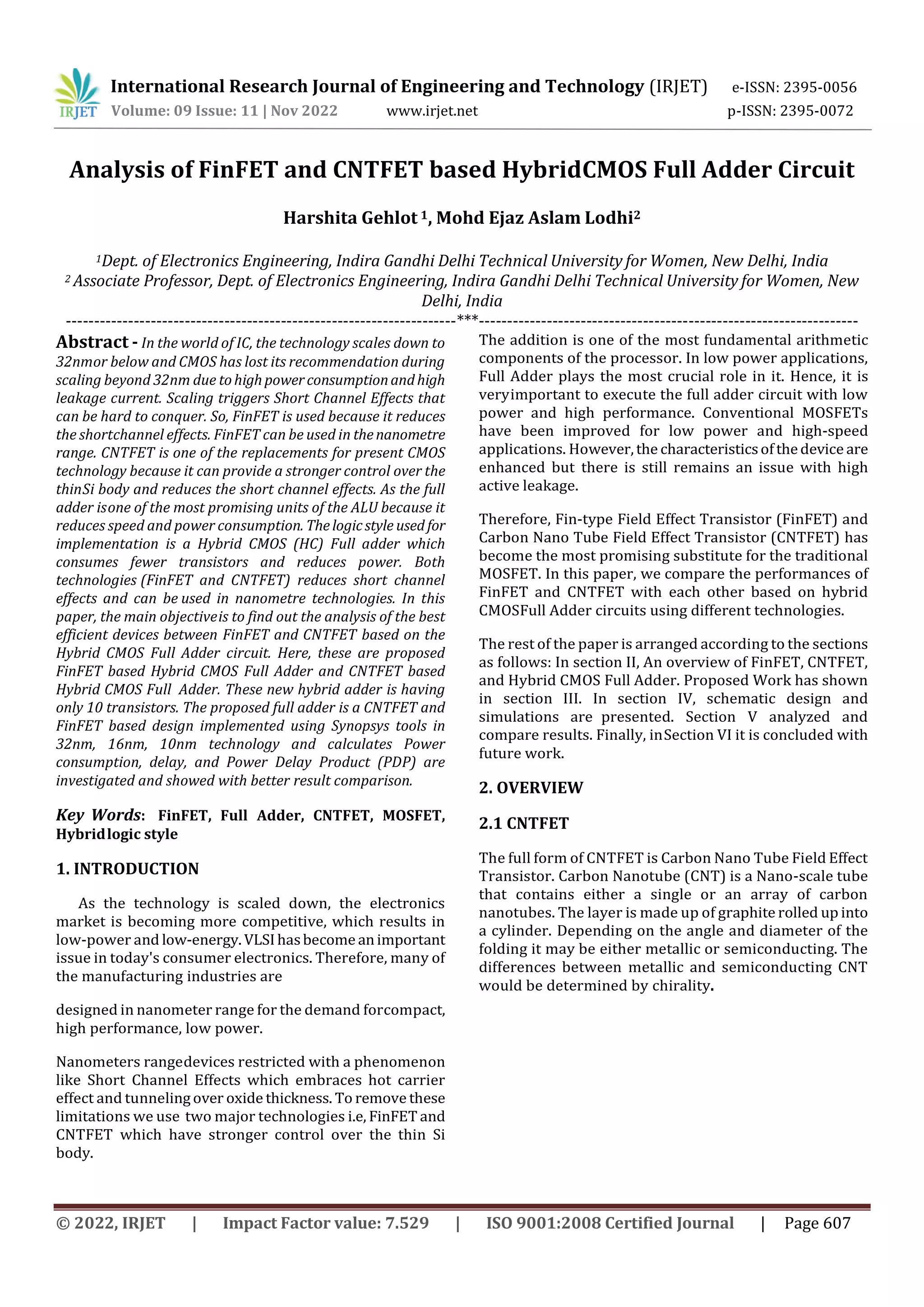 Analysis of FinFET and CNTFET based HybridCMOS Full Adder Circuit | PDF