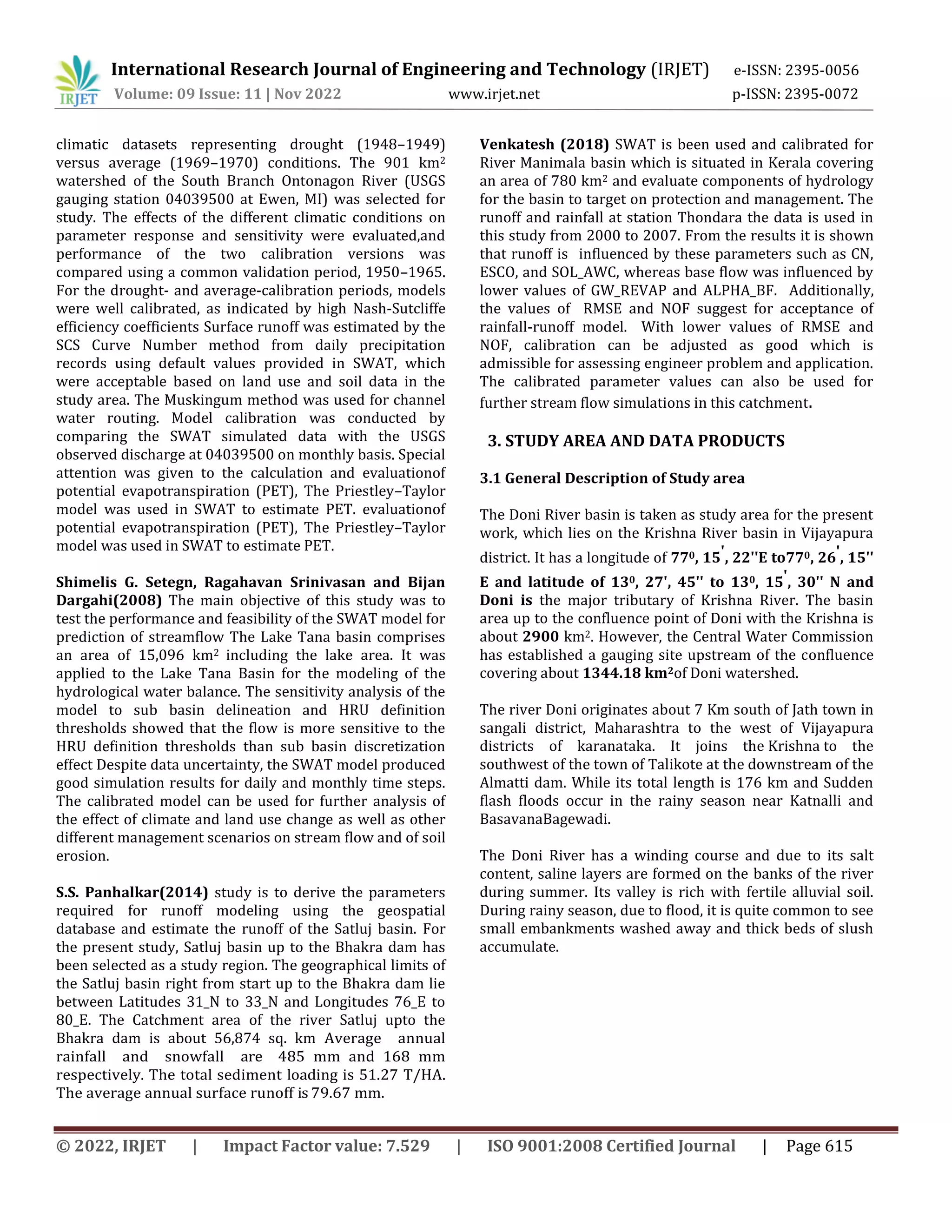 HYDROLOGICAL AND WATER QUALITY MODELLING USING SWAT FOR DONI RIVER | PDF