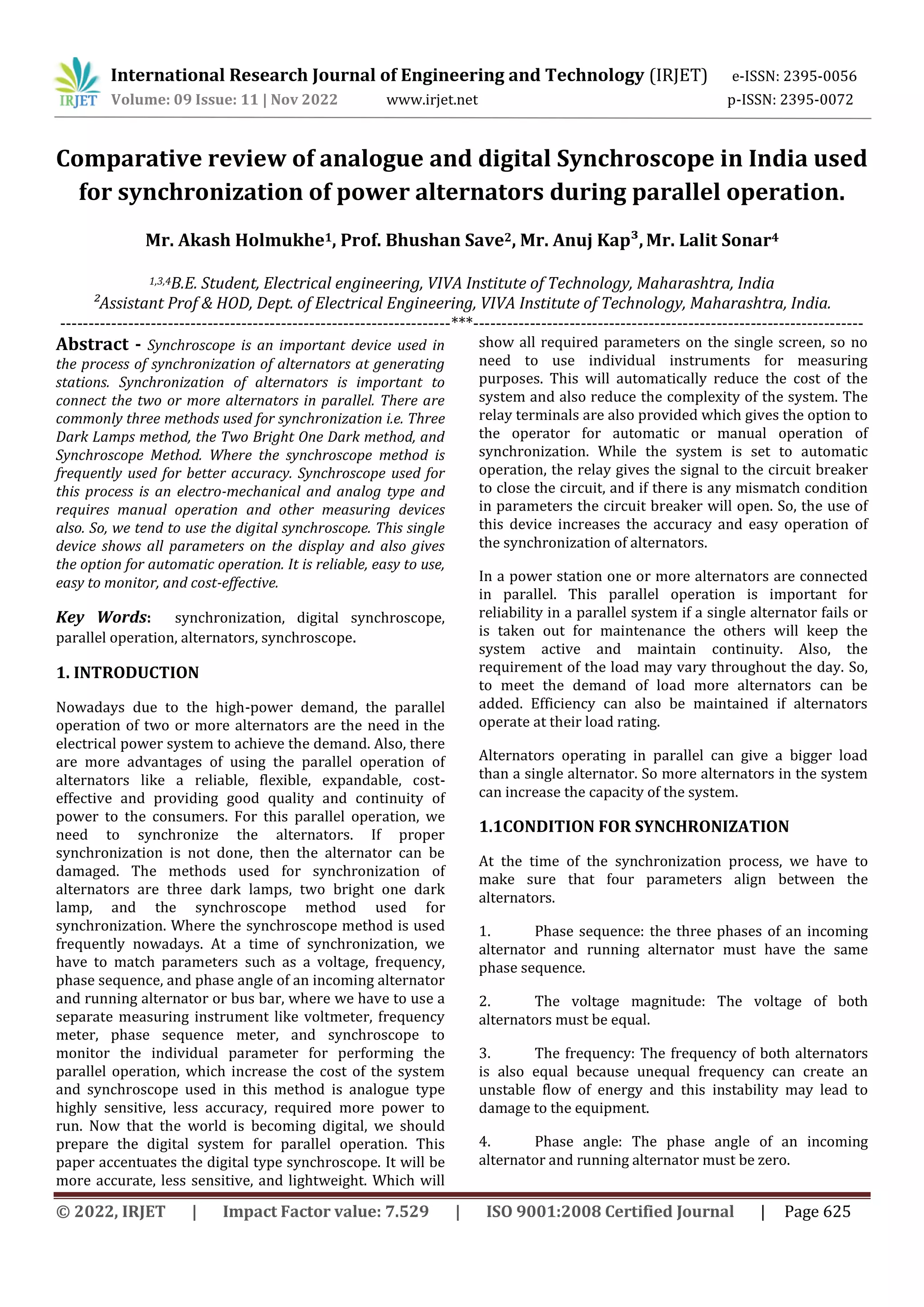 Comparative review of analogue and digital Synchroscope in India used for synchronization of ...