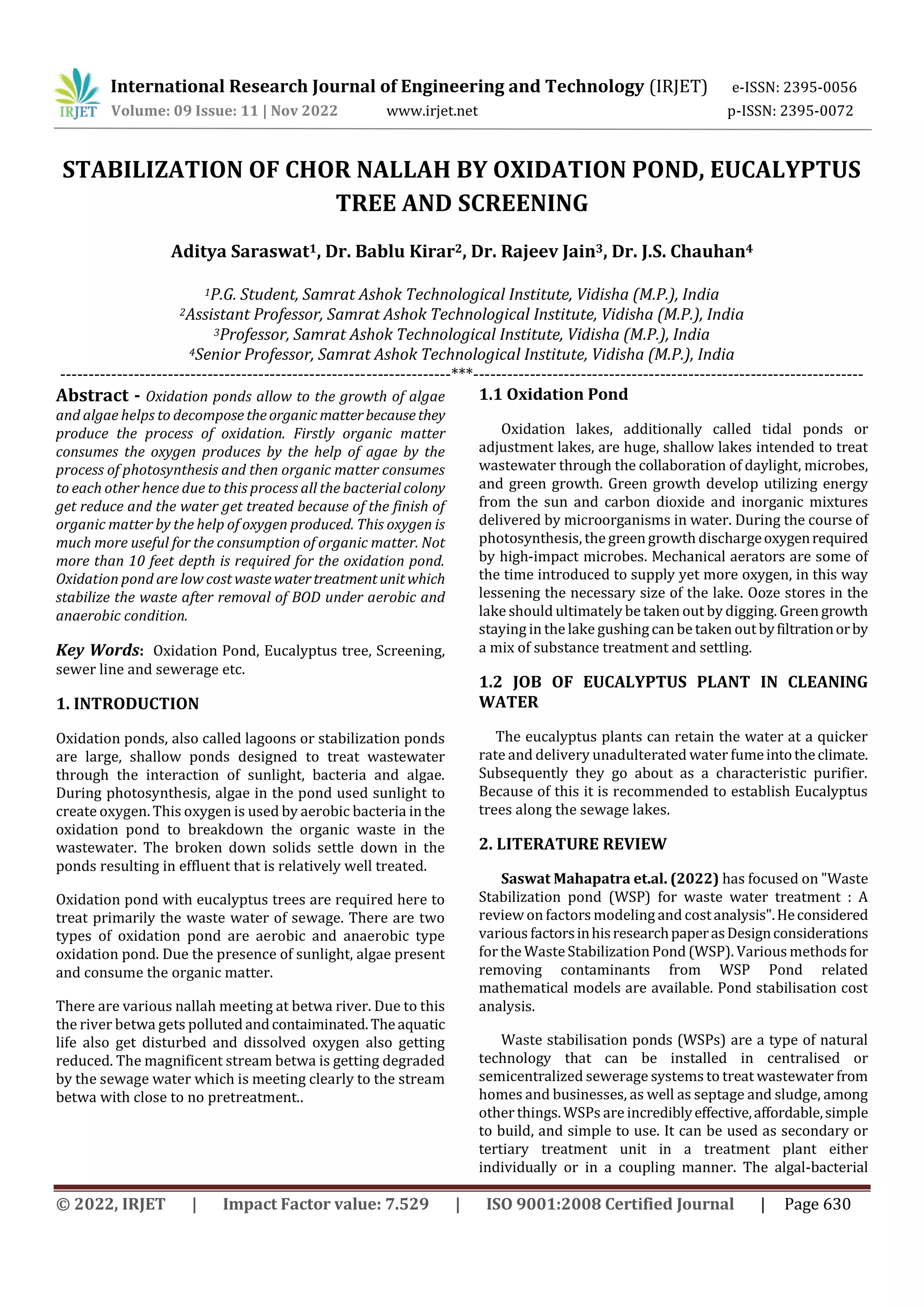 STABILIZATION OF CHOR NALLAH BY OXIDATION POND, EUCALYPTUS TREE AND ...