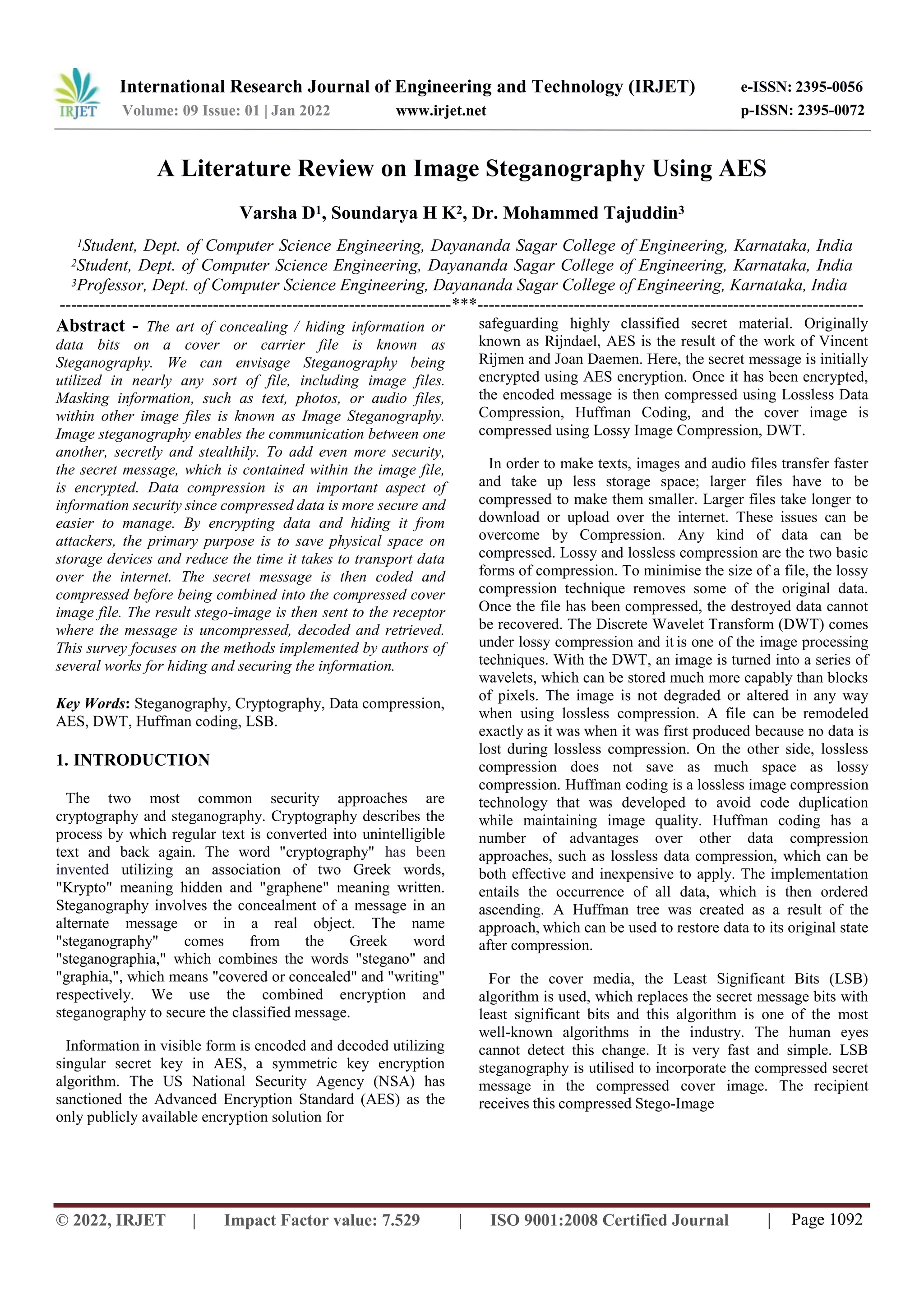A Literature Review on Image Steganography Using AES | PDF