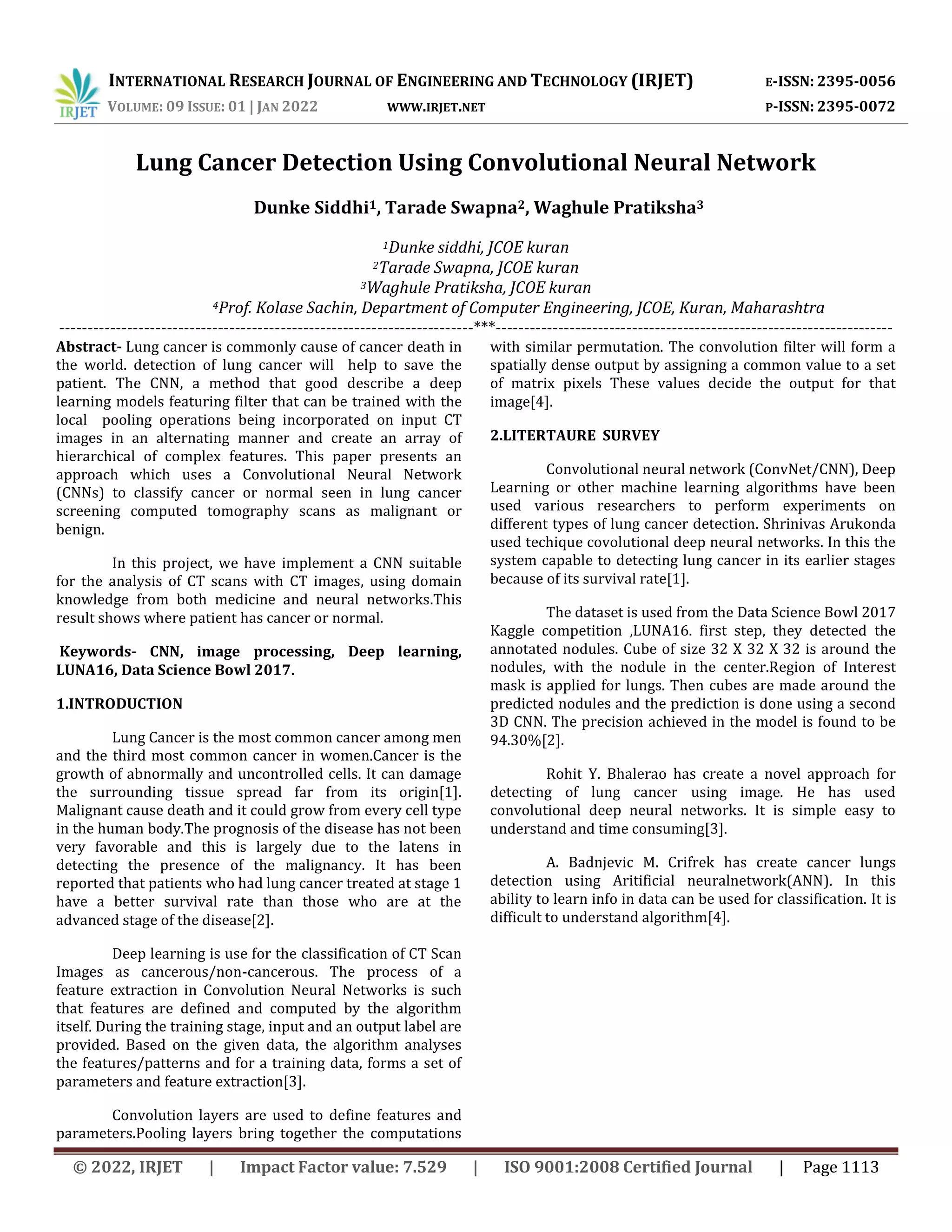 Lung Cancer Detection Using Convolutional Neural Network | PDF