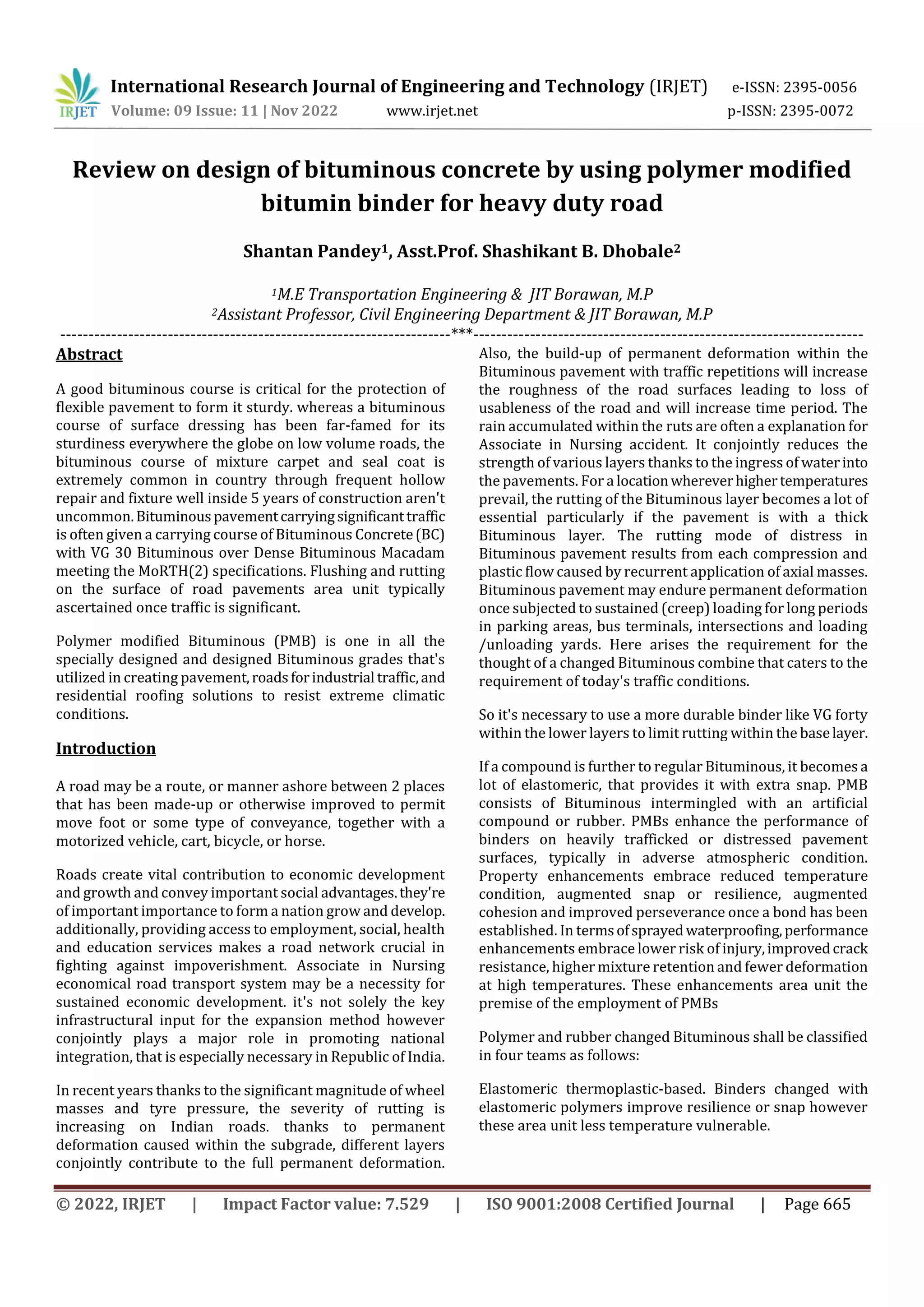 Review on design of bituminous concrete by using polymer modified ...
