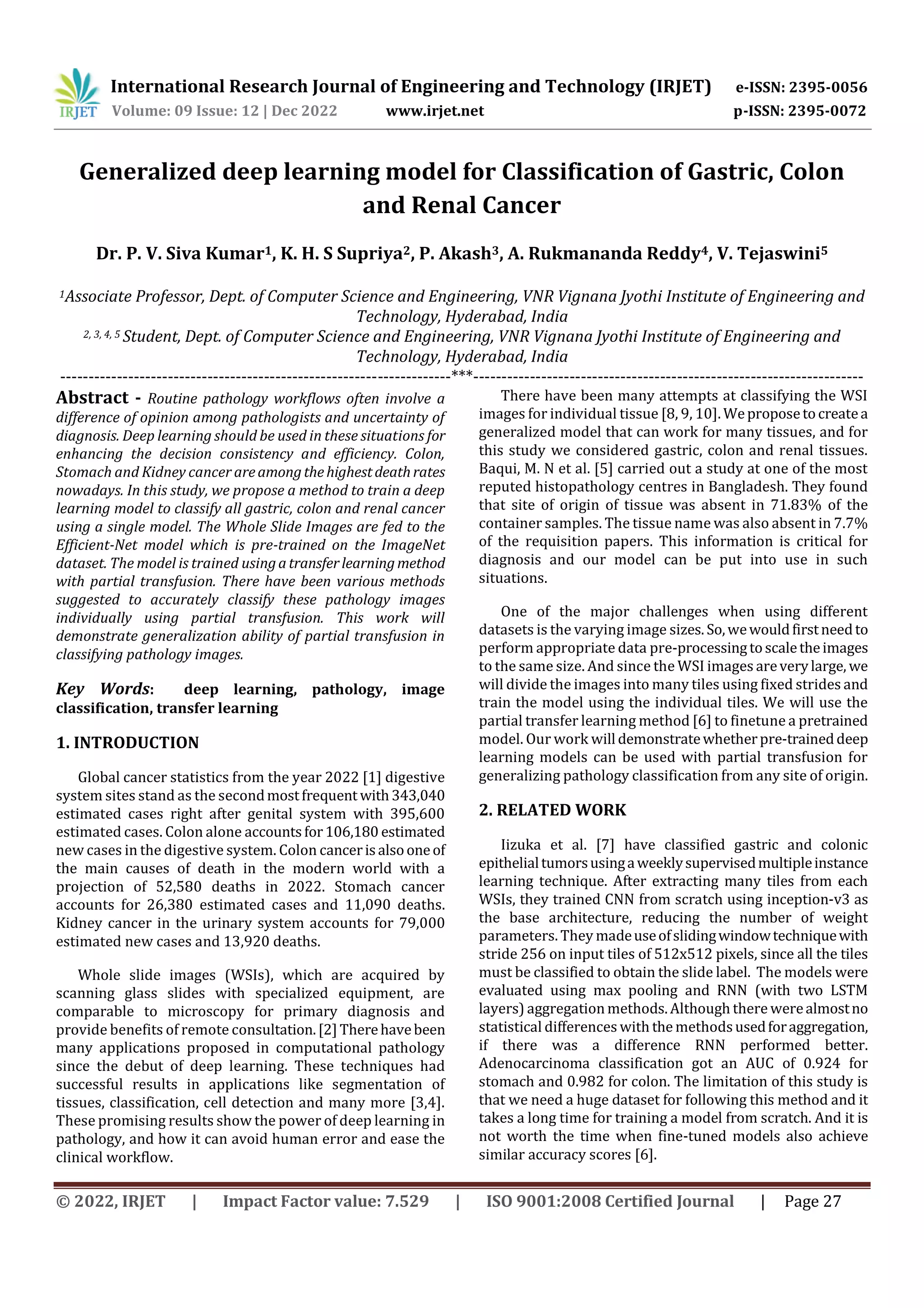 Generalized deep learning model for Classification of Gastric, Colon and Renal Cancer | PDF ...