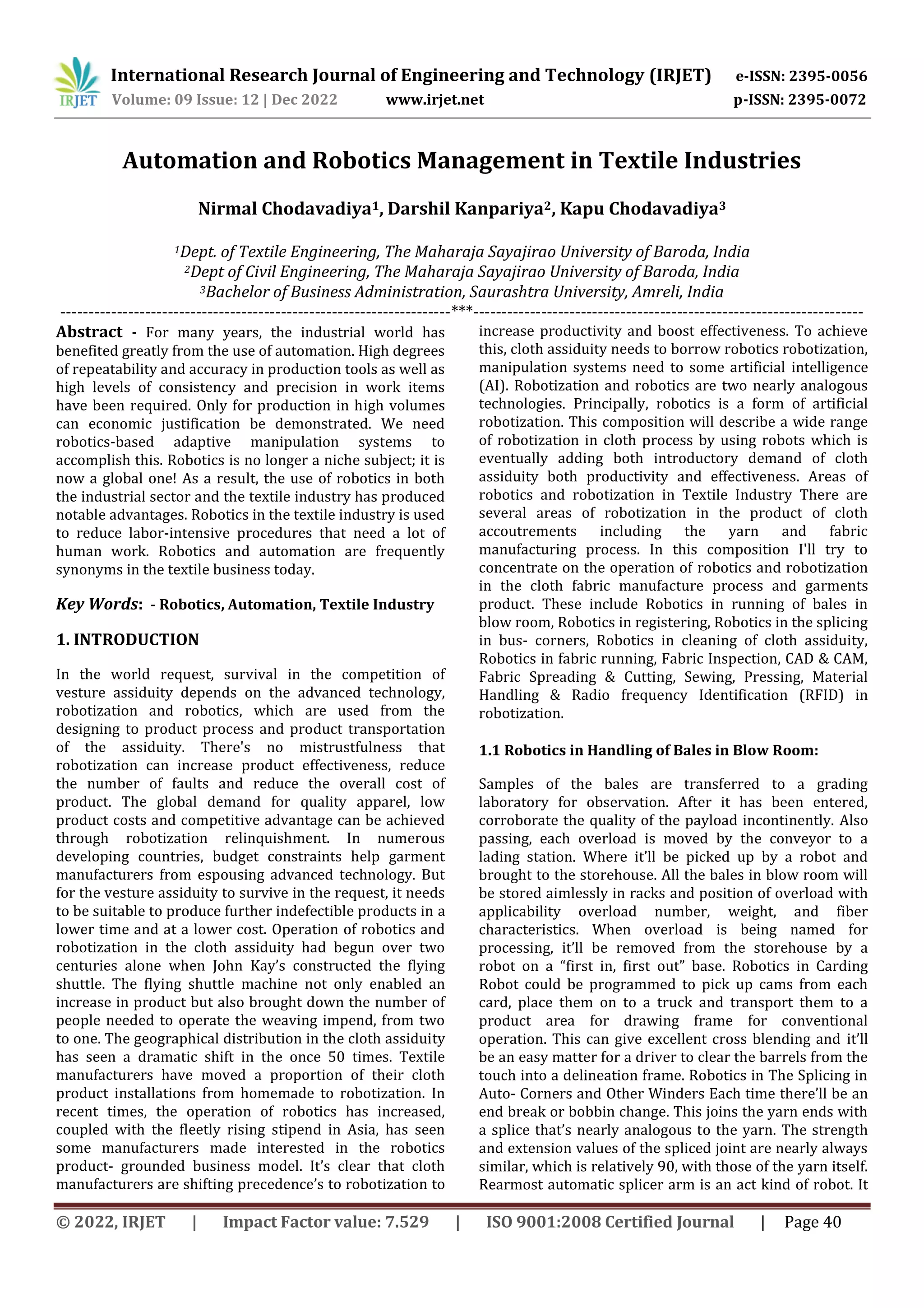 Automation and Robotics Management in Textile Industries | PDF