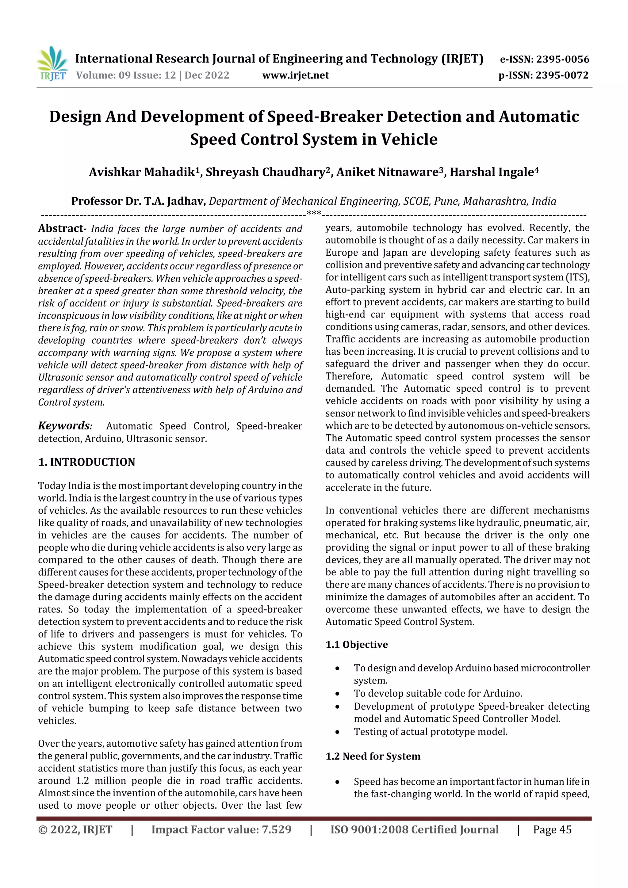 Design And Development of Speed-Breaker Detection and Automatic Speed ...