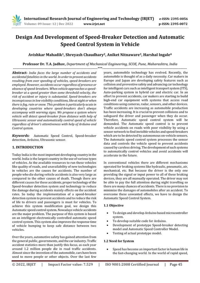 Design And Development of Speed-Breaker Detection and Automatic Speed Control System in Vehicle ...