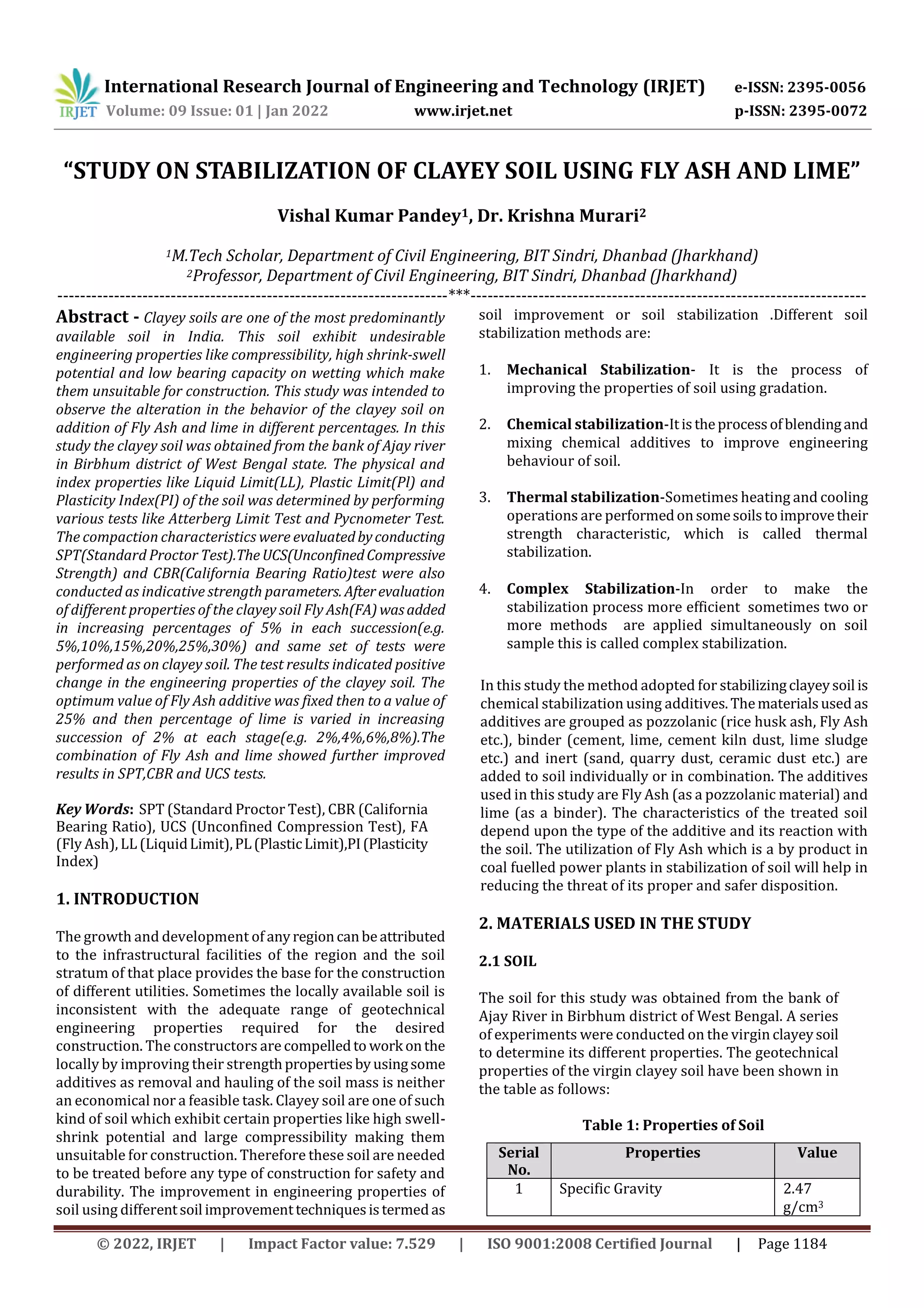 “STUDY ON STABILIZATION OF CLAYEY SOIL USING FLY ASH AND LIME” | PDF