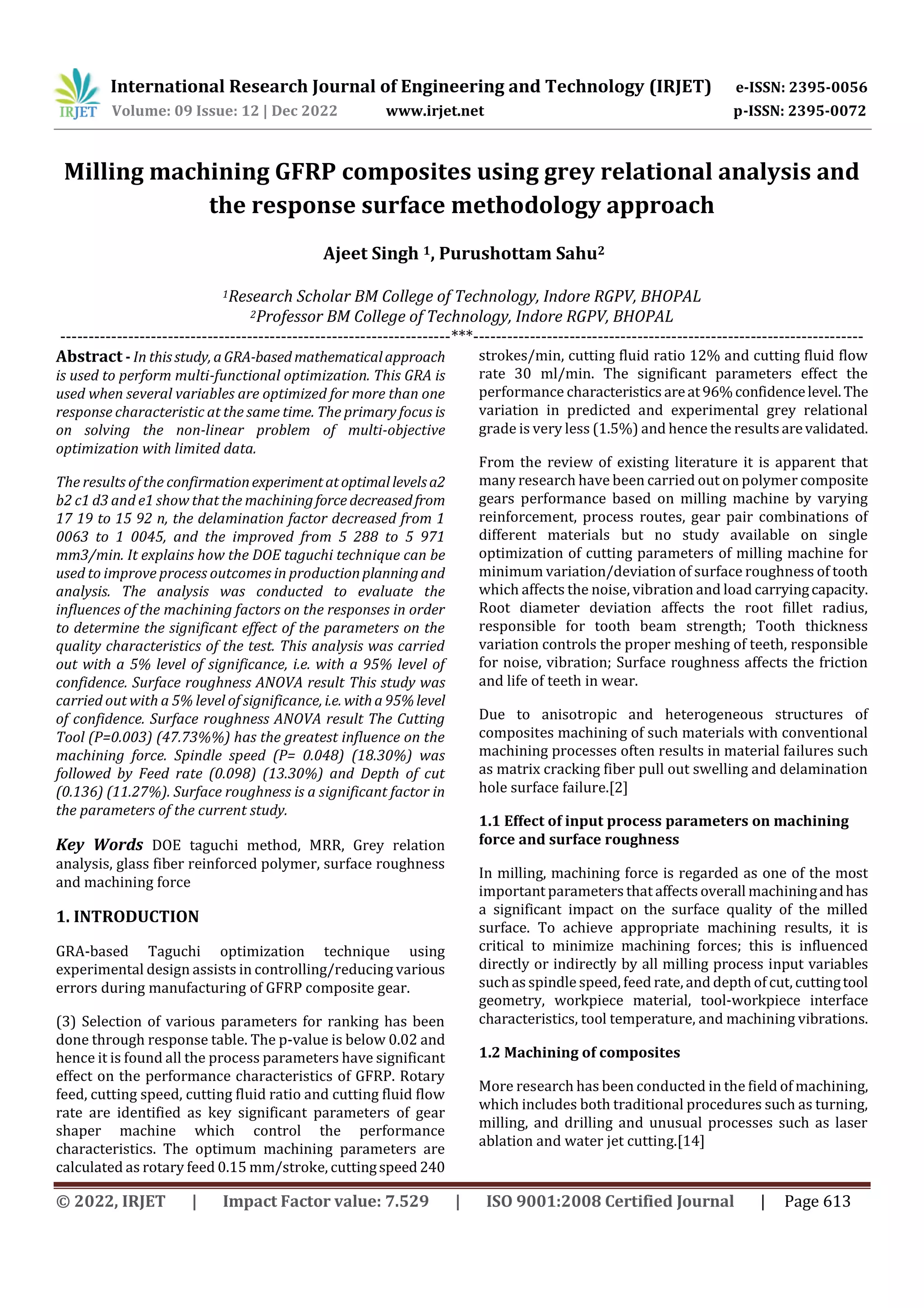 Milling machining GFRP composites using grey relational analysis and ...