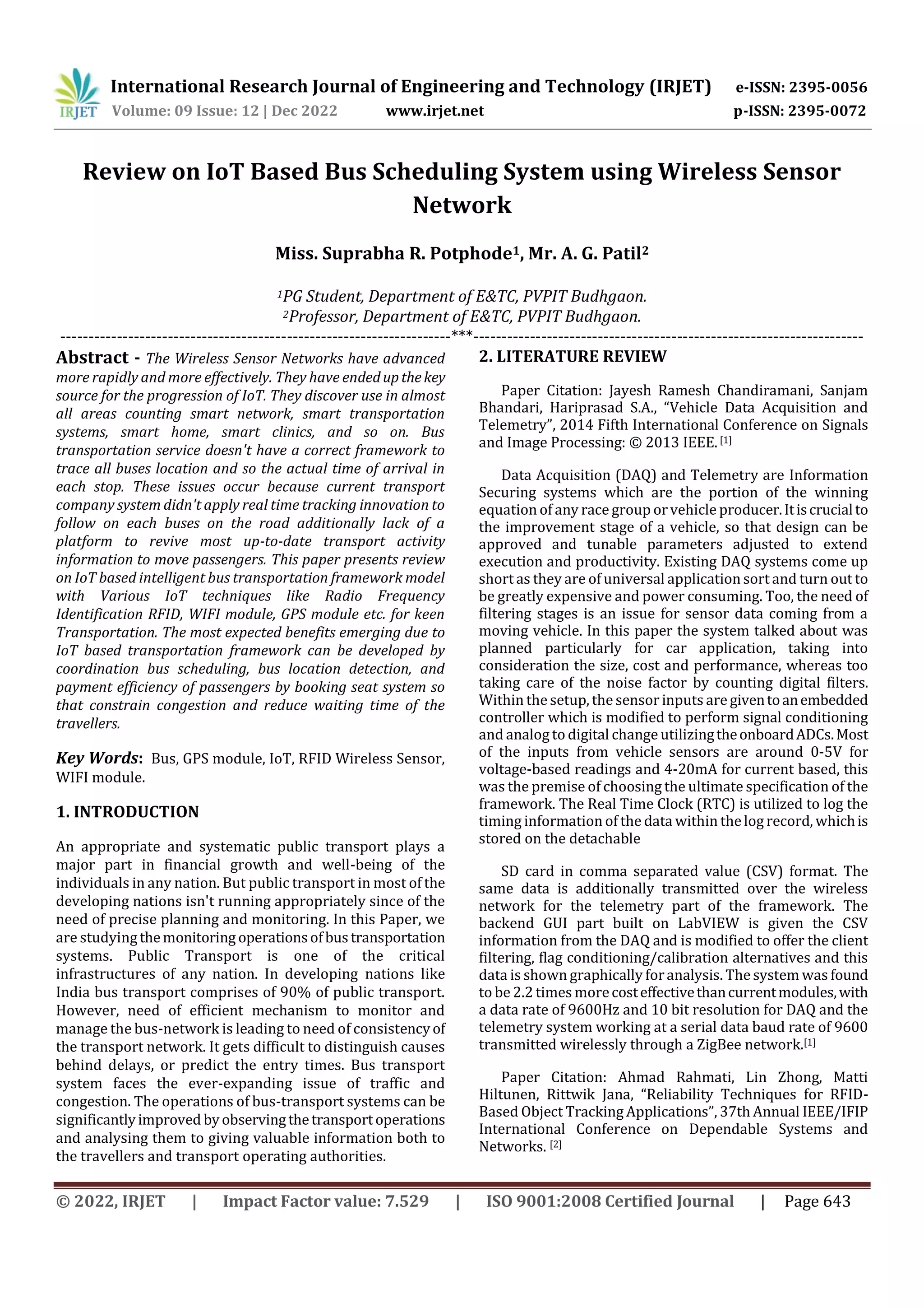 Review on IoT Based Bus Scheduling System using Wireless Sensor Network | PDF