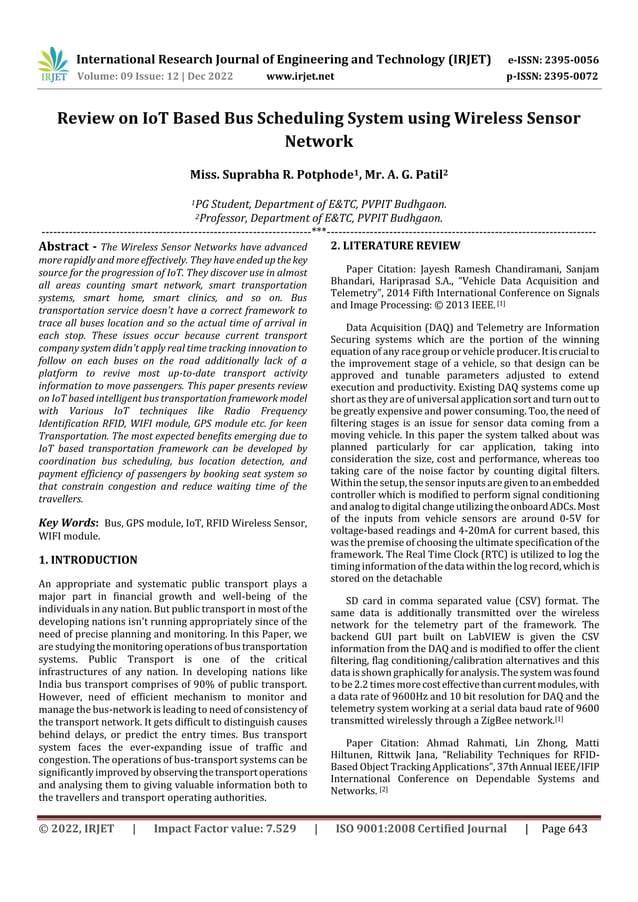 Review on IoT Based Bus Scheduling System using Wireless Sensor Network | PDF