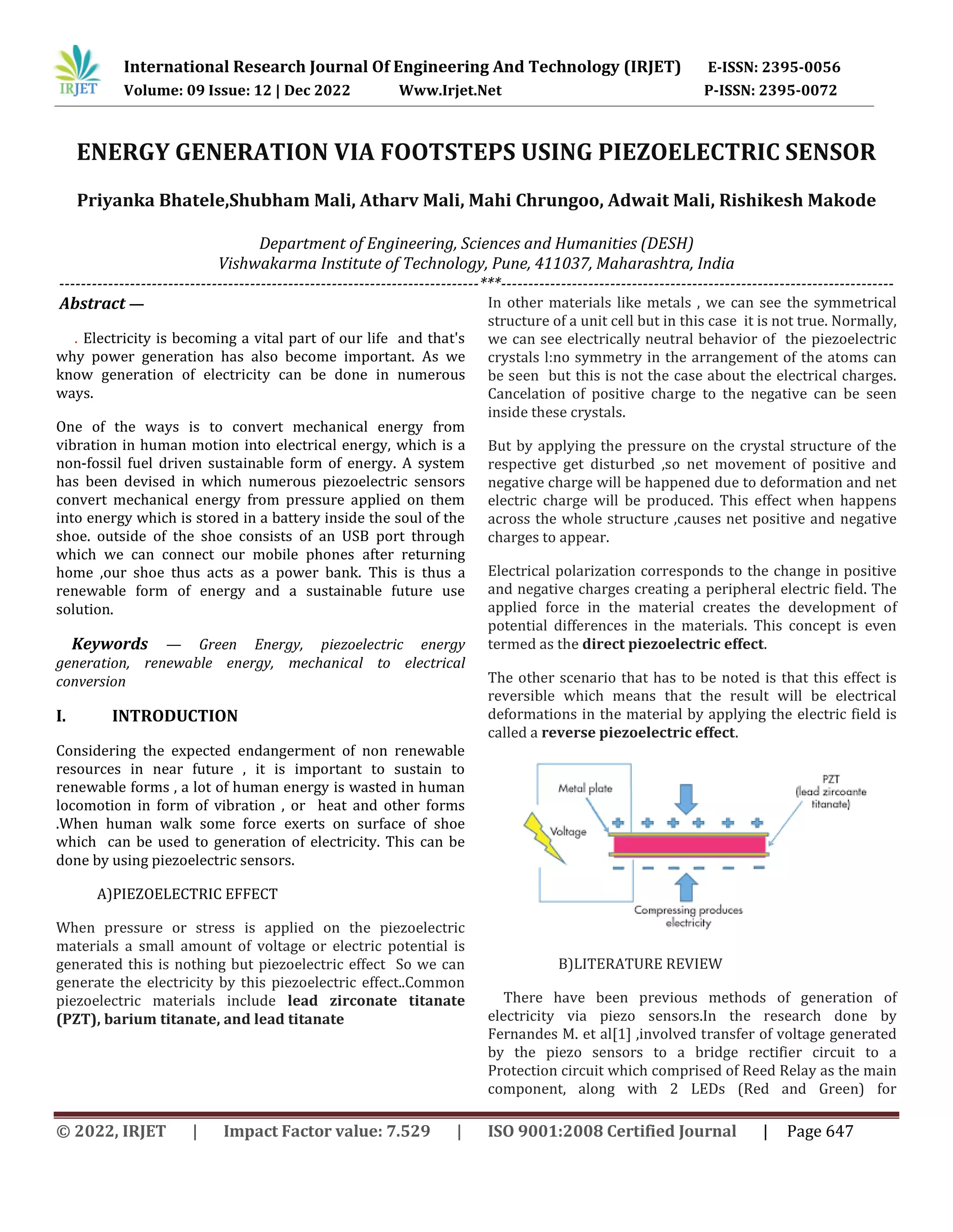 ENERGY GENERATION VIA FOOTSTEPS USING PIEZOELECTRIC SENSOR | PDF