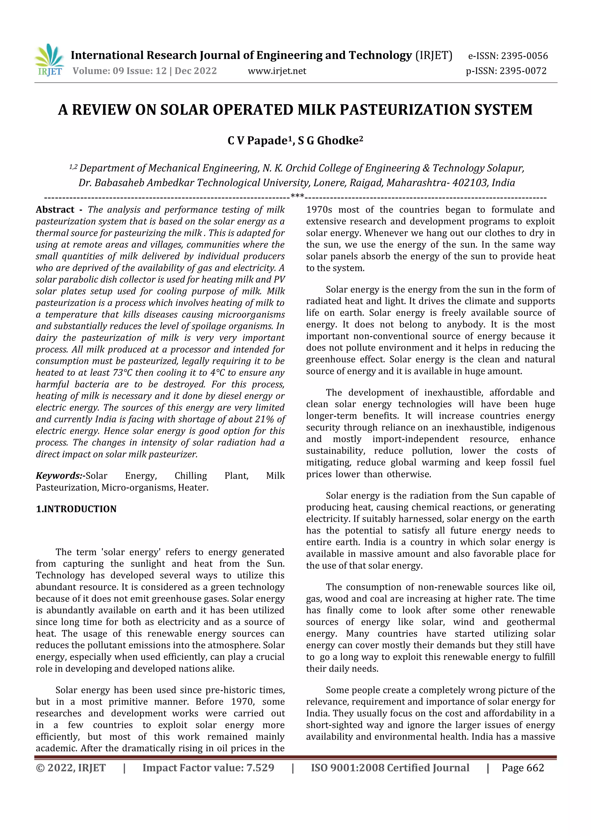 A REVIEW ON SOLAR OPERATED MILK PASTEURIZATION SYSTEM | PDF