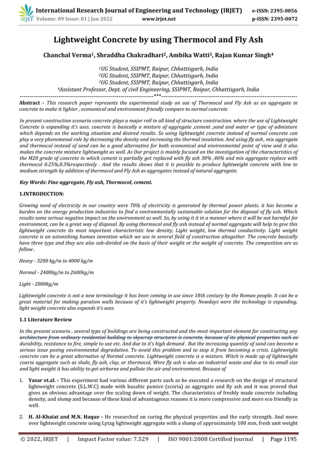 Lightweight Concrete by using Thermocol and Fly Ash | PDF