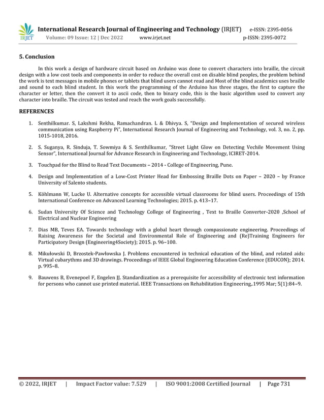 Braille refreshable display using Arduino for visually challenged ...
