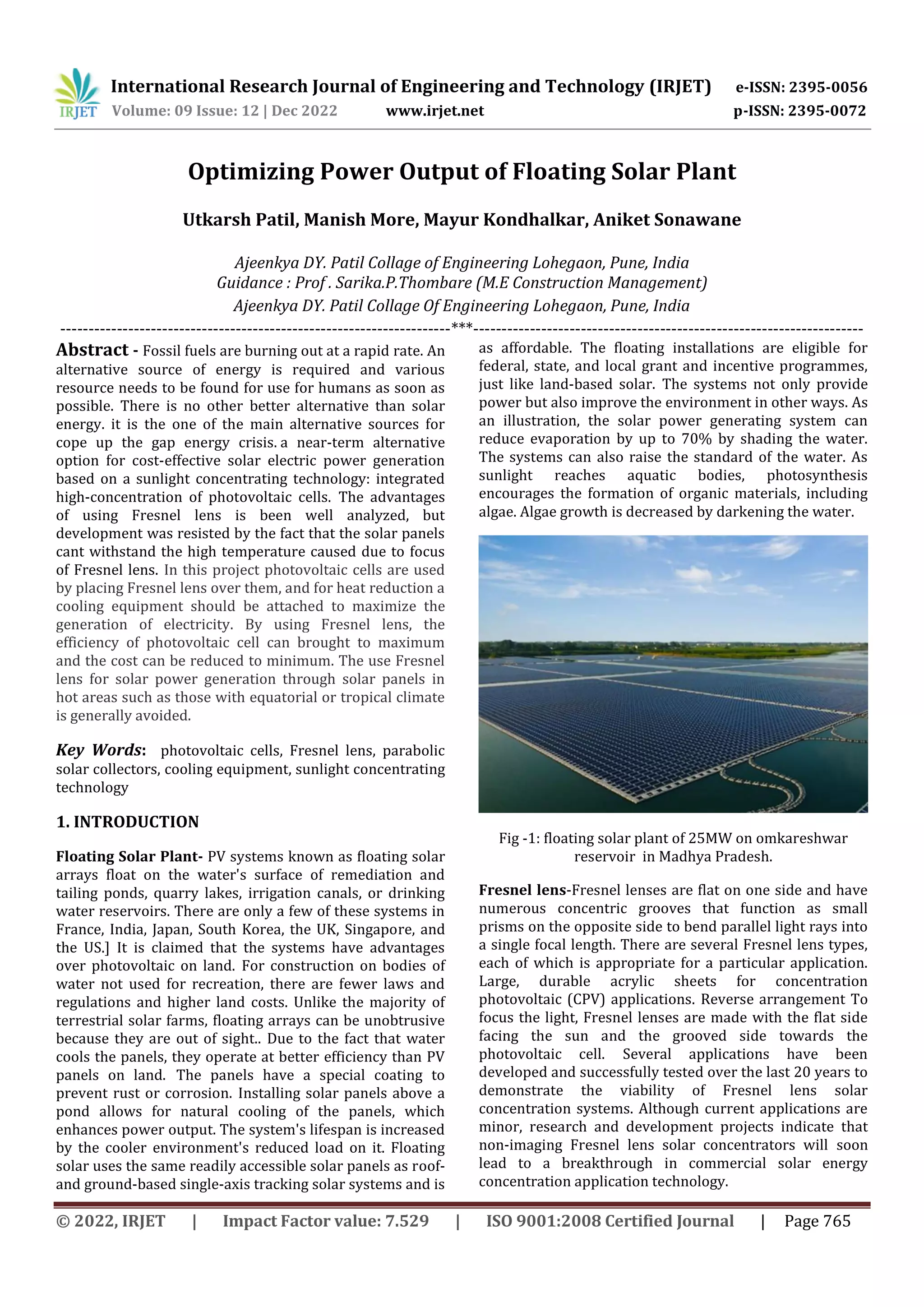Optimizing Power Output of Floating Solar Plant | PDF
