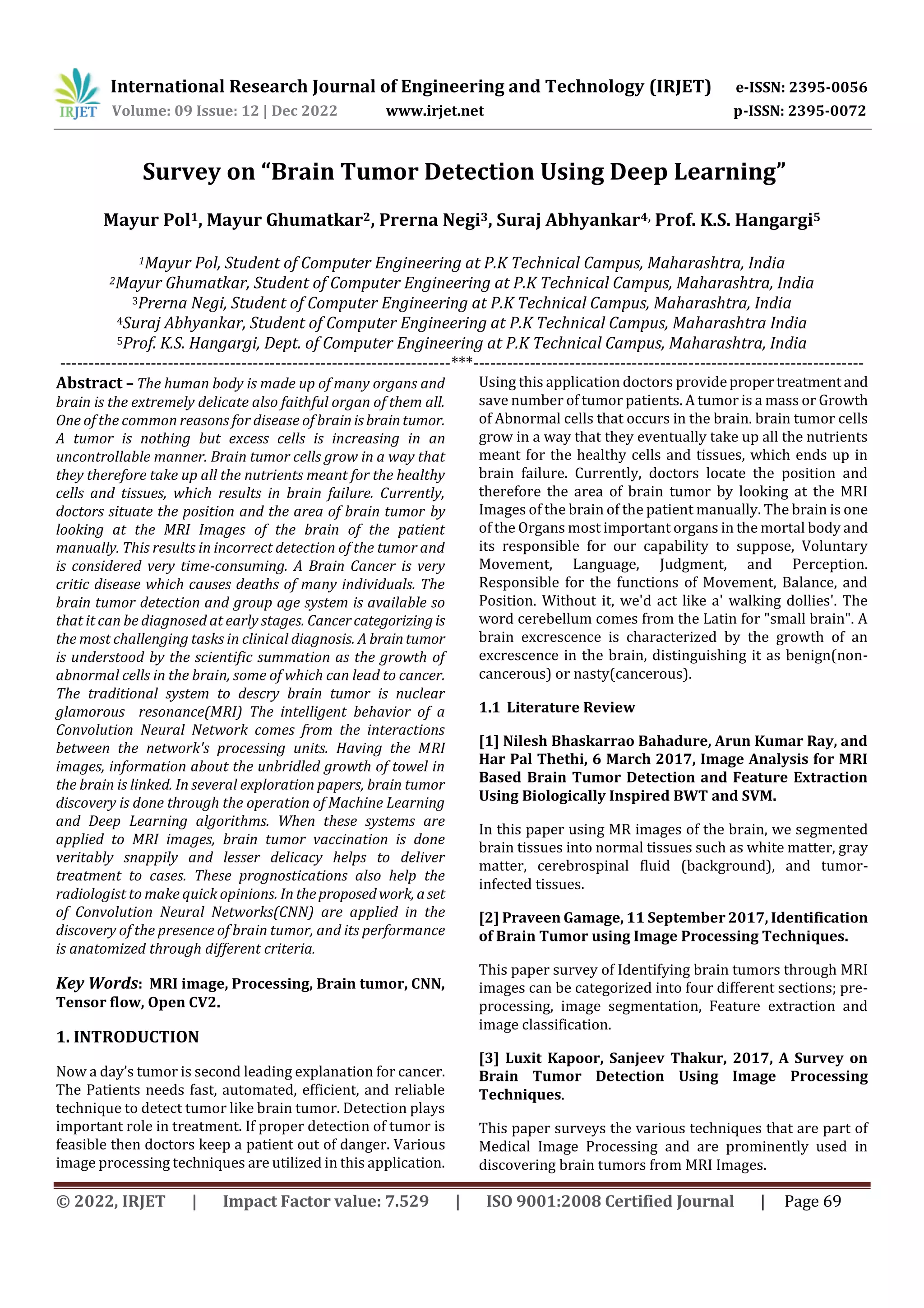 Survey On “brain Tumor Detection Using Deep Learning Pdf