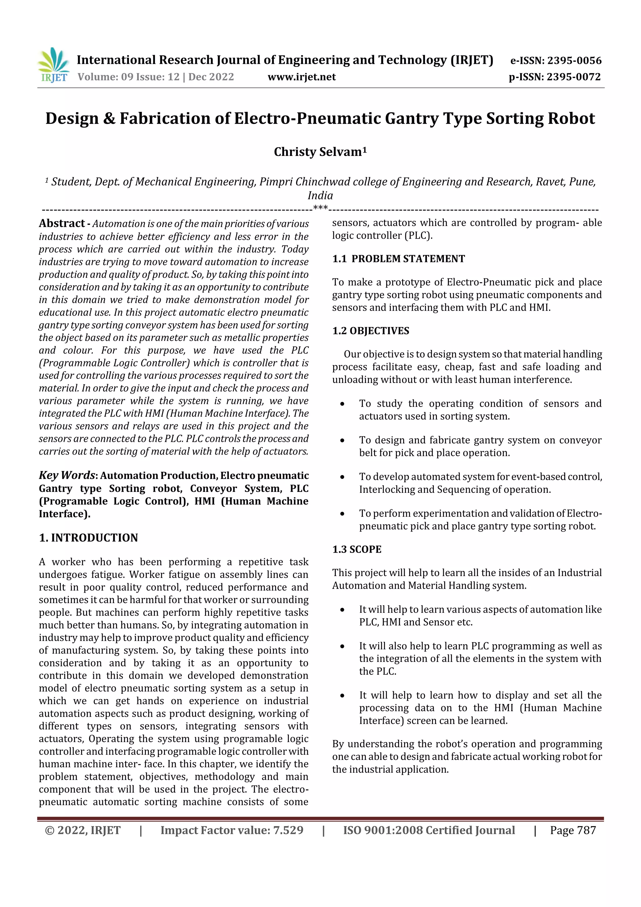 Design & Fabrication of Electro-Pneumatic Gantry Type Sorting Robot | PDF | Robotics ...