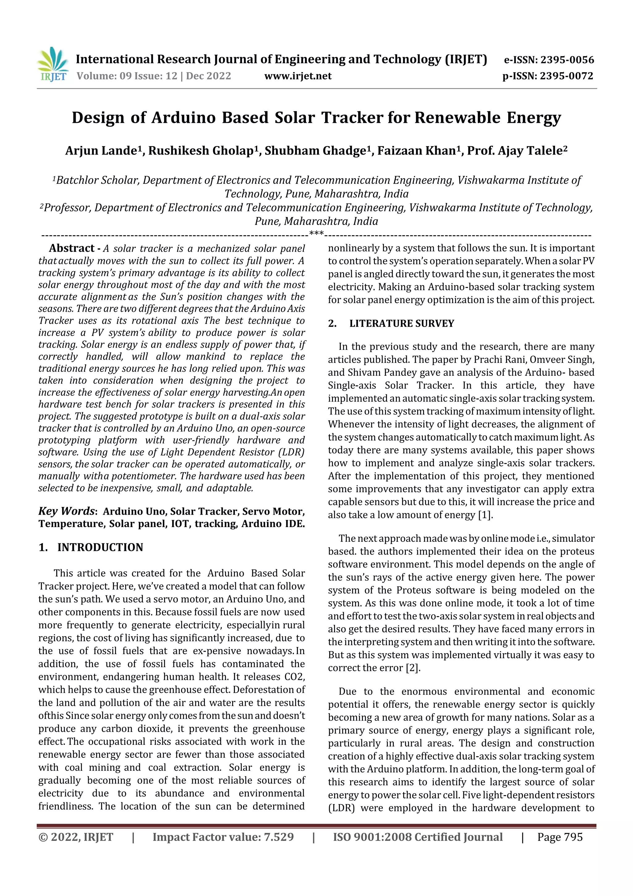 Design of Arduino Based Solar Tracker for Renewable Energy | PDF ...