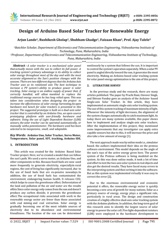 Design of Arduino Based Solar Tracker for Renewable Energy | PDF | Physics | Science