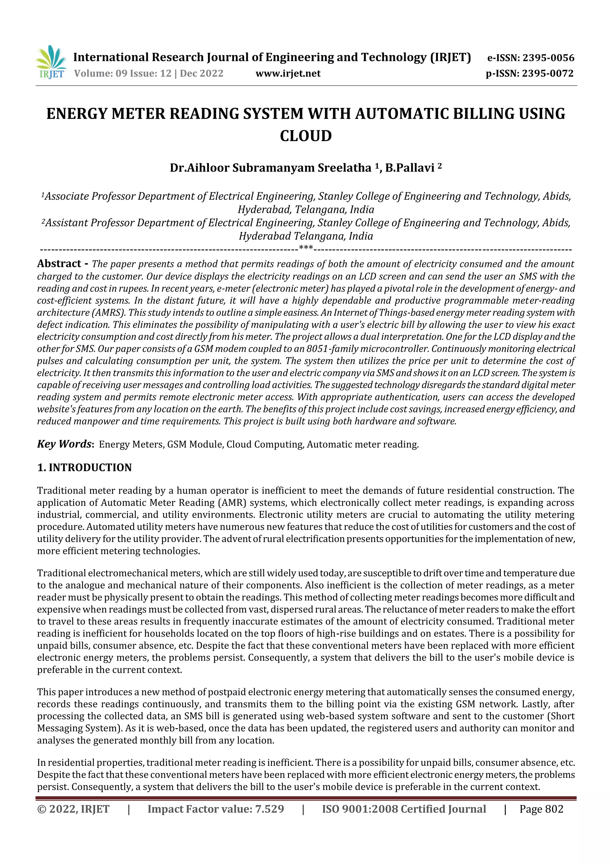 ENERGY METER READING SYSTEM WITH AUTOMATIC BILLING USING CLOUD | PDF