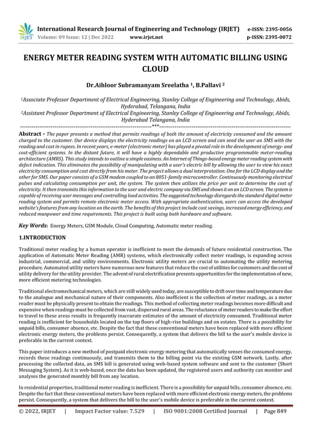 ENERGY METER READING SYSTEM WITH AUTOMATIC BILLING USING CLOUD | PDF