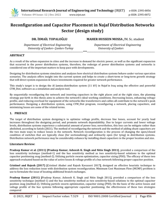 Reconfiguration and Capacitor Placement in Najaf Distribution Networks Sector (design study) | PDF
