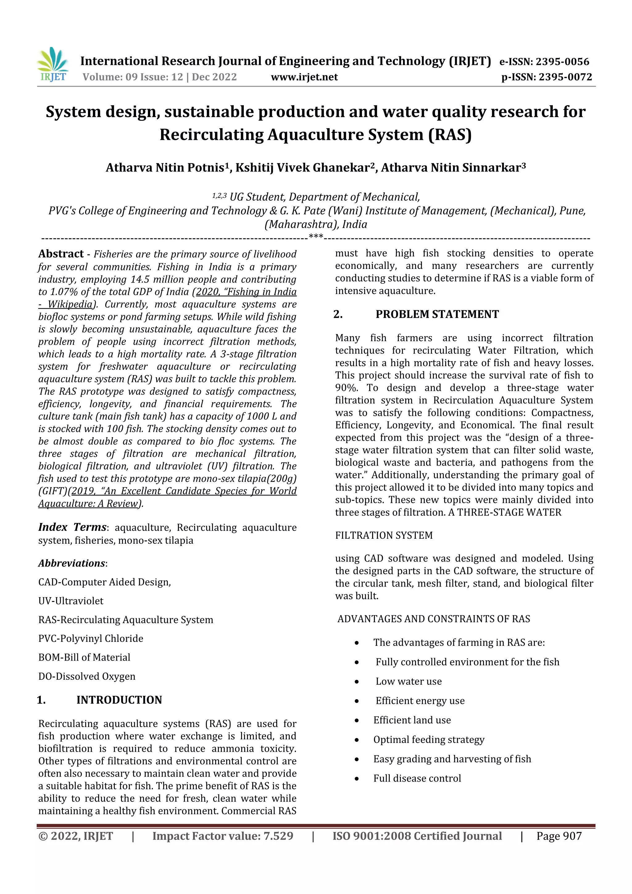 System design, sustainable production and water quality research for ...