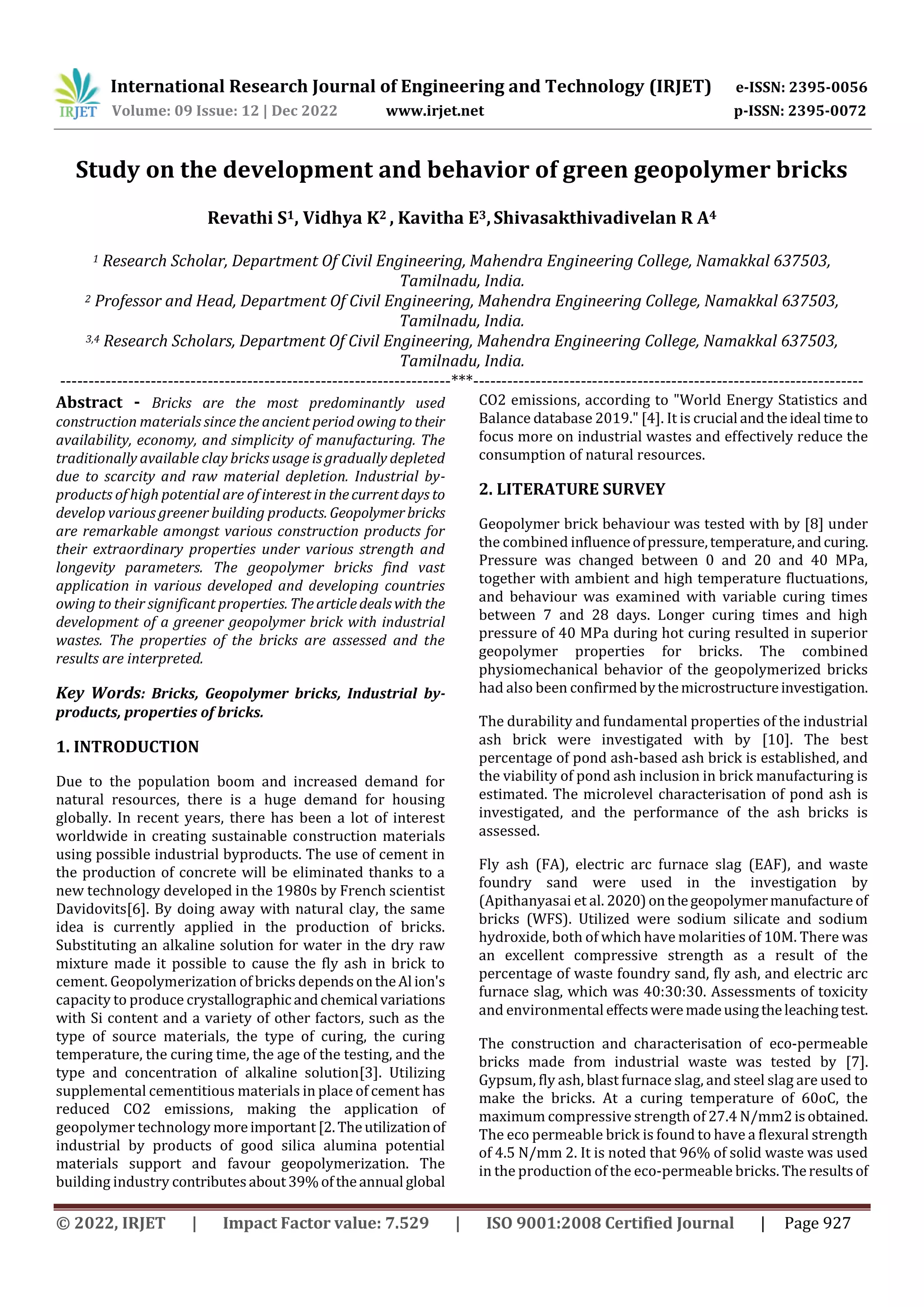 Study on the development and behavior of green geopolymer bricks | PDF