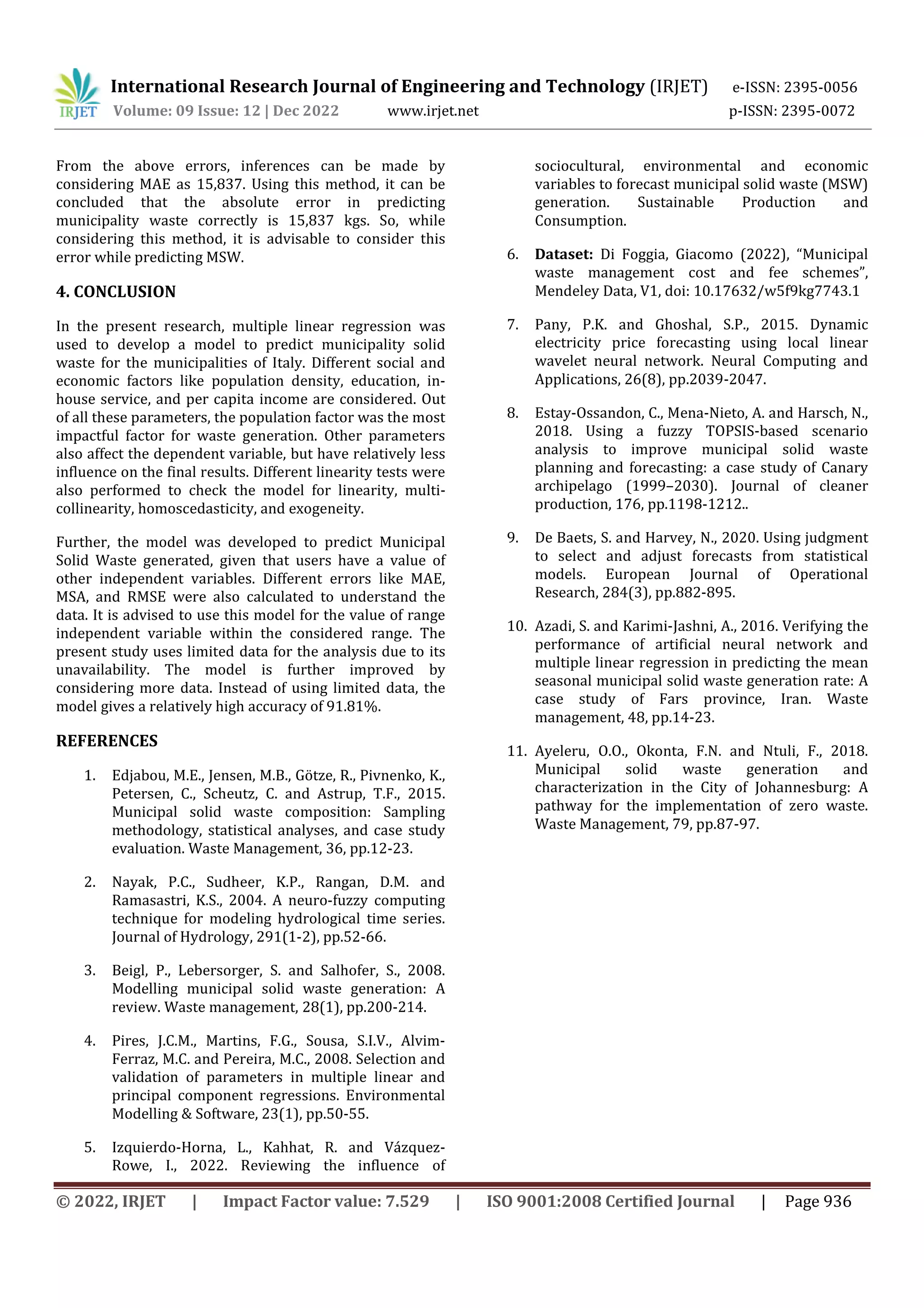 Forecasting Municipal Solid Waste Generation Using a Multiple Linear Regression Model | PDF