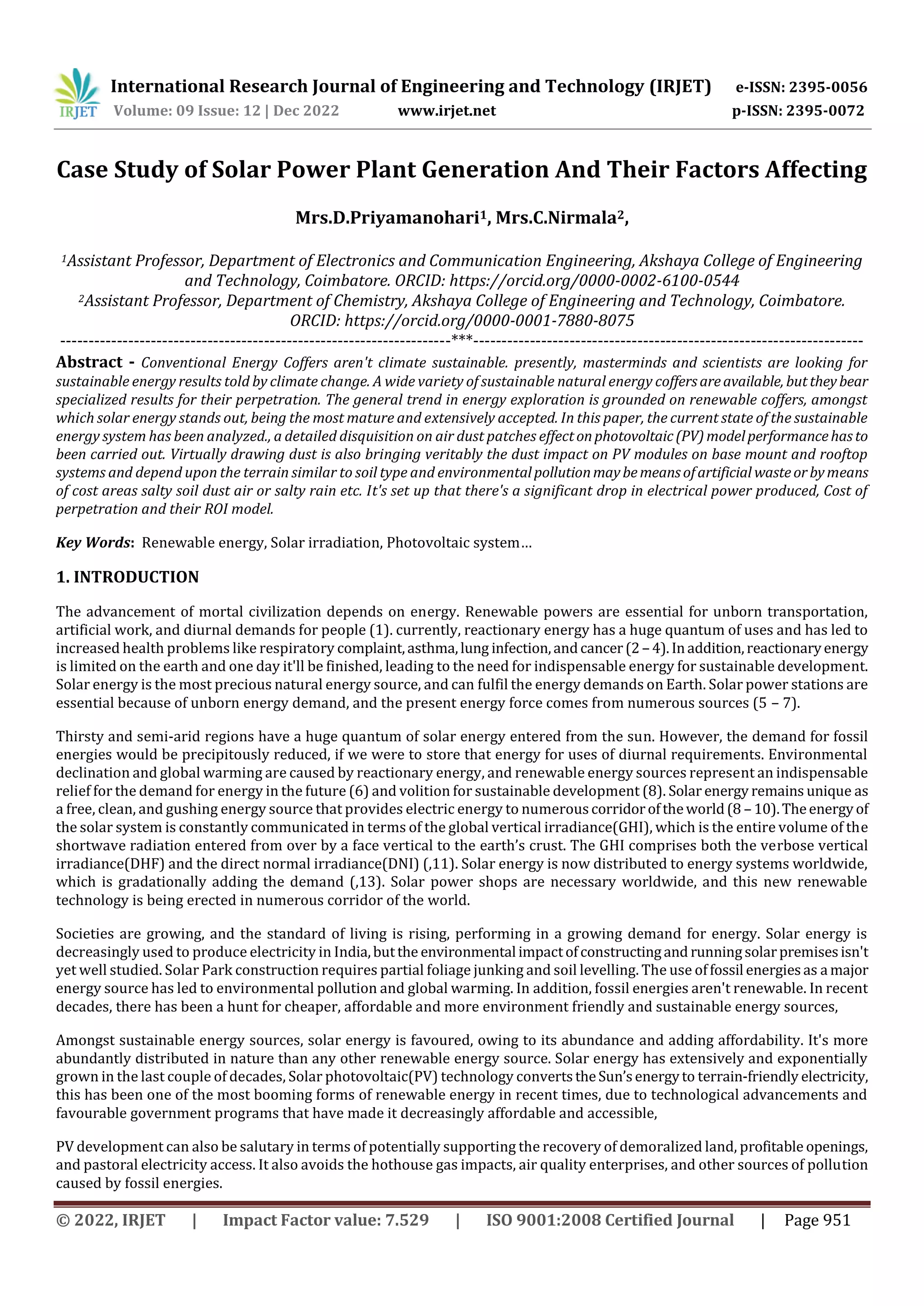 Case Study of Solar Power Plant Generation And Their Factors Affecting ...