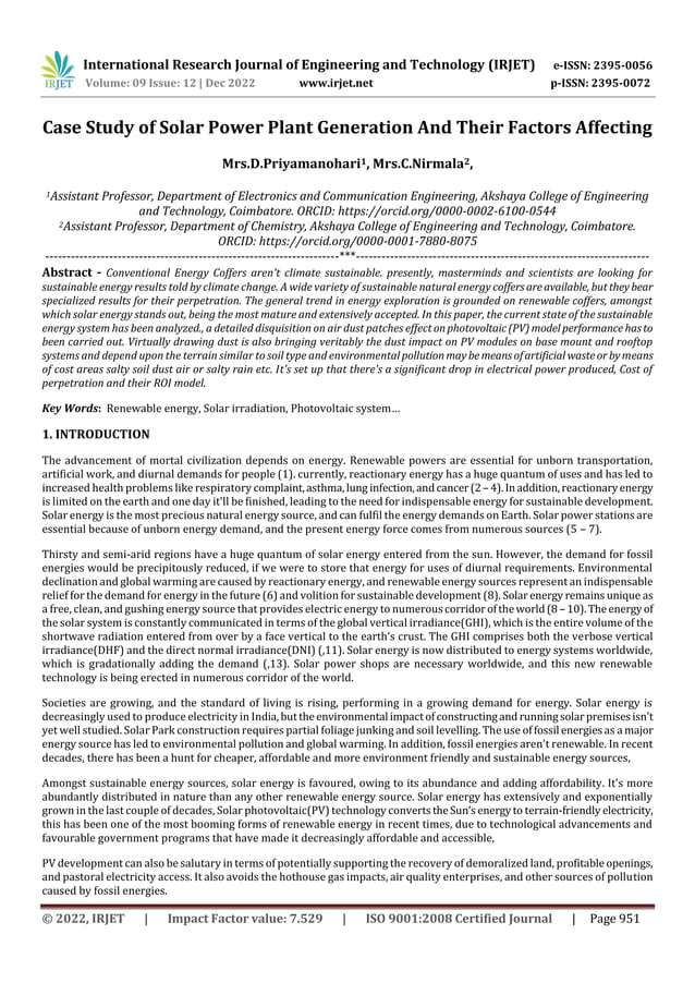 Case Study of Solar Power Plant Generation And Their Factors Affecting | PDF