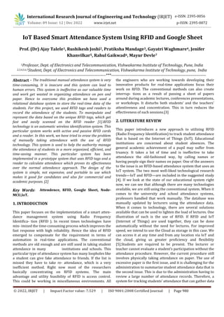 IoT Based Smart Attendance System Using RFID and Google Sheet | PDF
