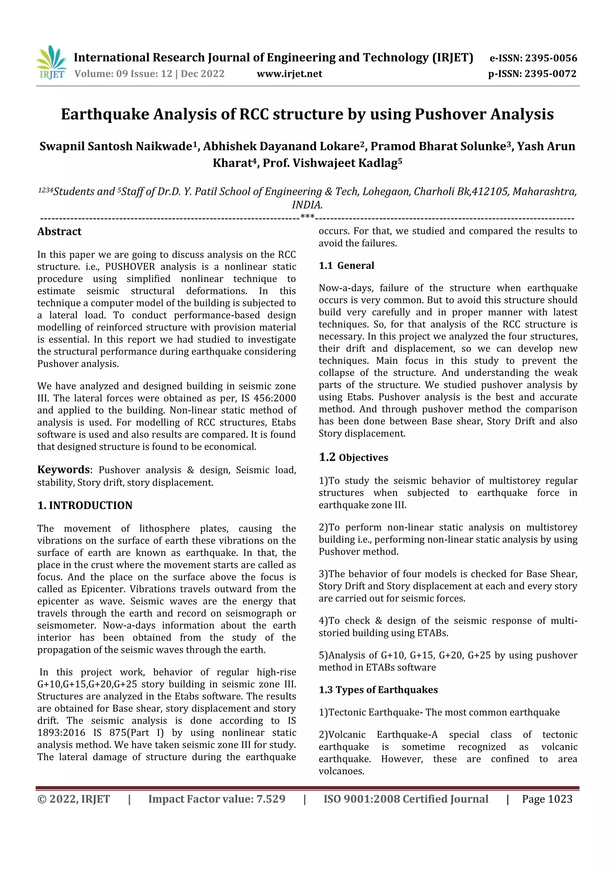 Earthquake Analysis of RCC structure by using Pushover Analysis | PDF