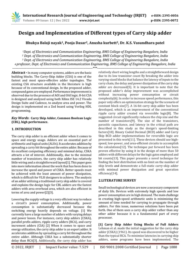 Design and Implementation of Different types of Carry skip adder | PDF