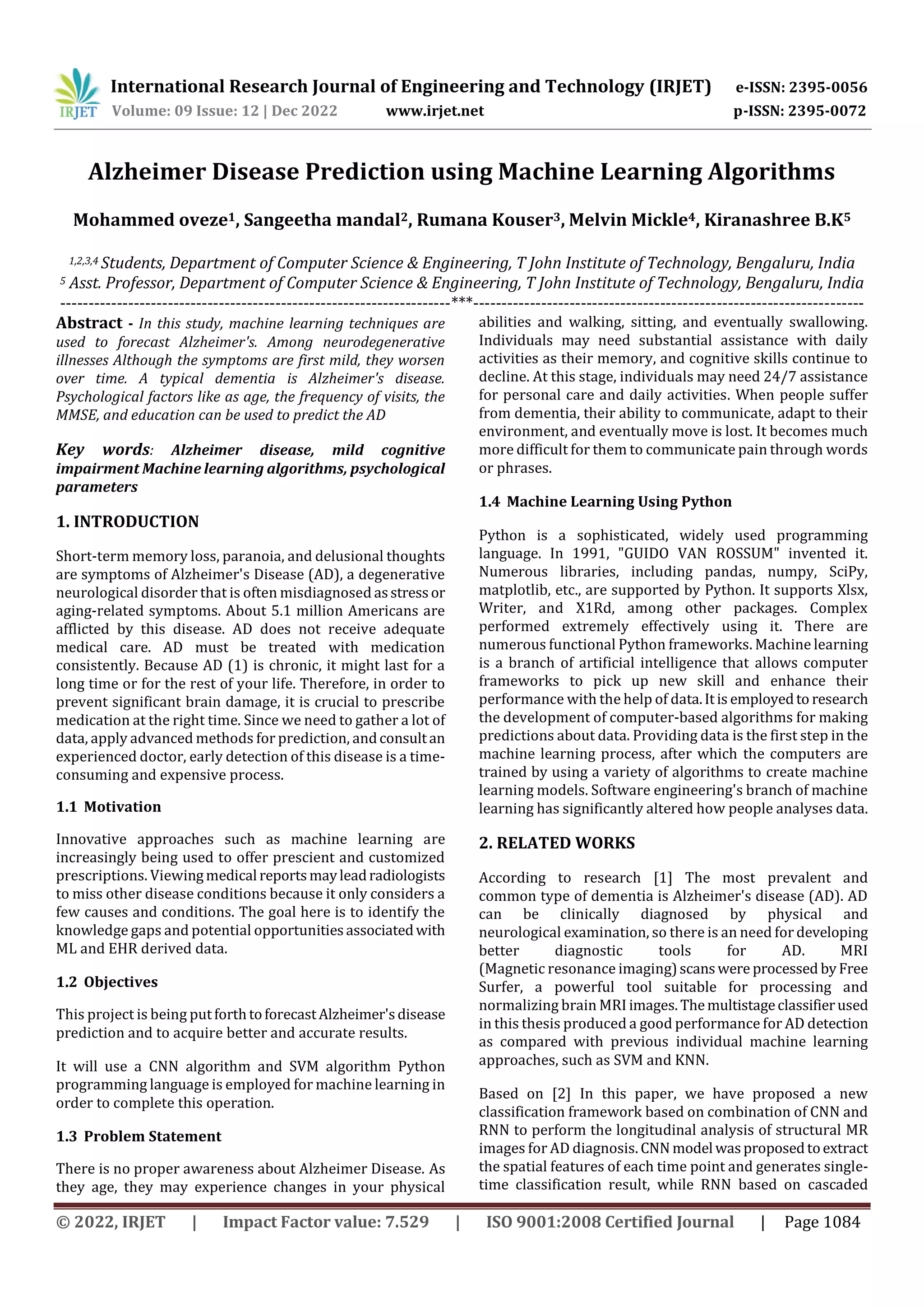 Alzheimer Disease Prediction using Machine Learning Algorithms | PDF