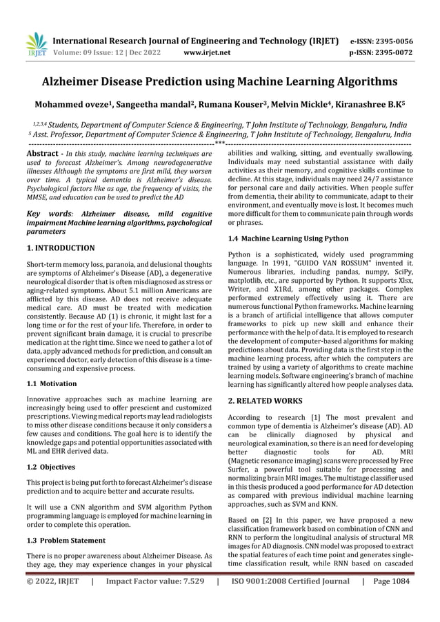 Alzheimer Disease Prediction using Machine Learning Algorithms | PDF