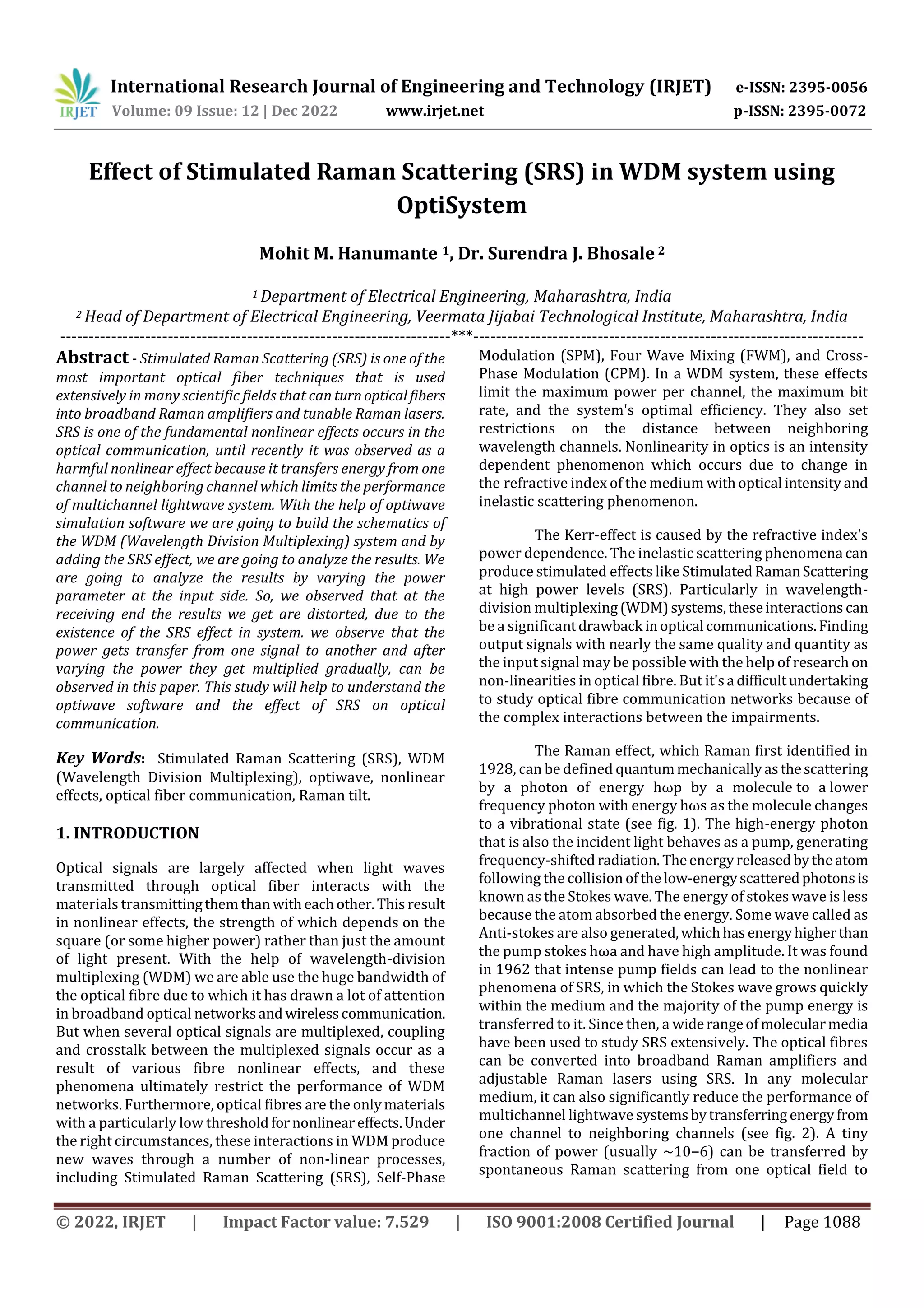 Effect of Stimulated Raman Scattering (SRS) in WDM system using OptiSystem | PDF
