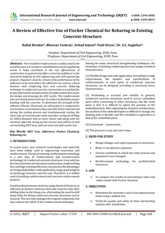 A Review of Effective Use of Fischer Chemical for Rebaring in Existing Concrete Structure | PDF