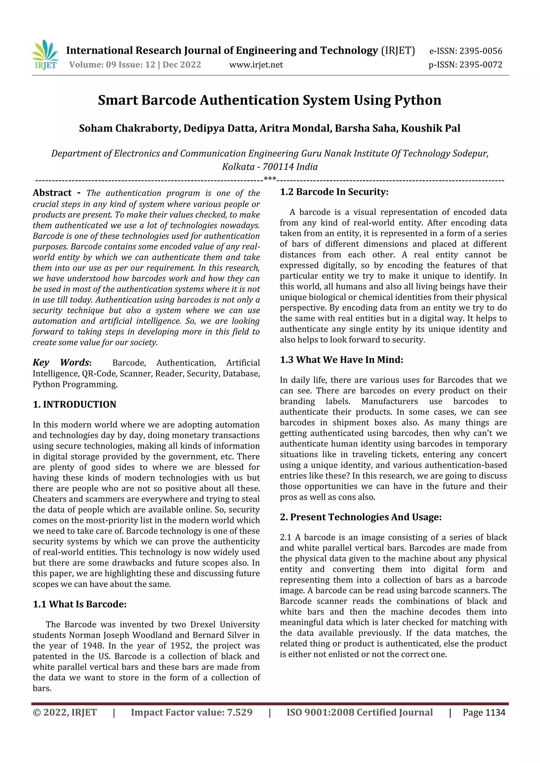 Smart Barcode Authentication System Using Python | PDF