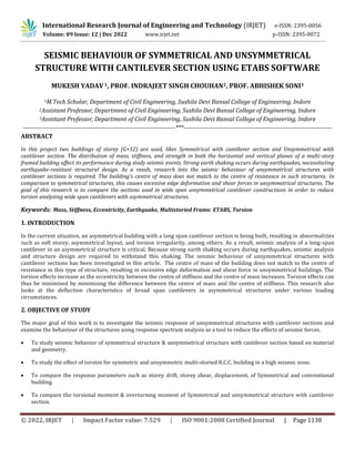 SEISMIC BEHAVIOUR OF SYMMETRICAL AND UNSYMMETRICAL STRUCTURE WITH CANTILEVER SECTION USING ETABS ...