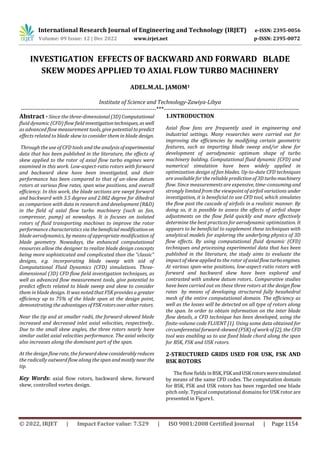 INVESTIGATION EFFECTS OF BACKWARD AND FORWARD BLADE SKEW MODES APPLIED TO AXIAL FLOW TURBO ...