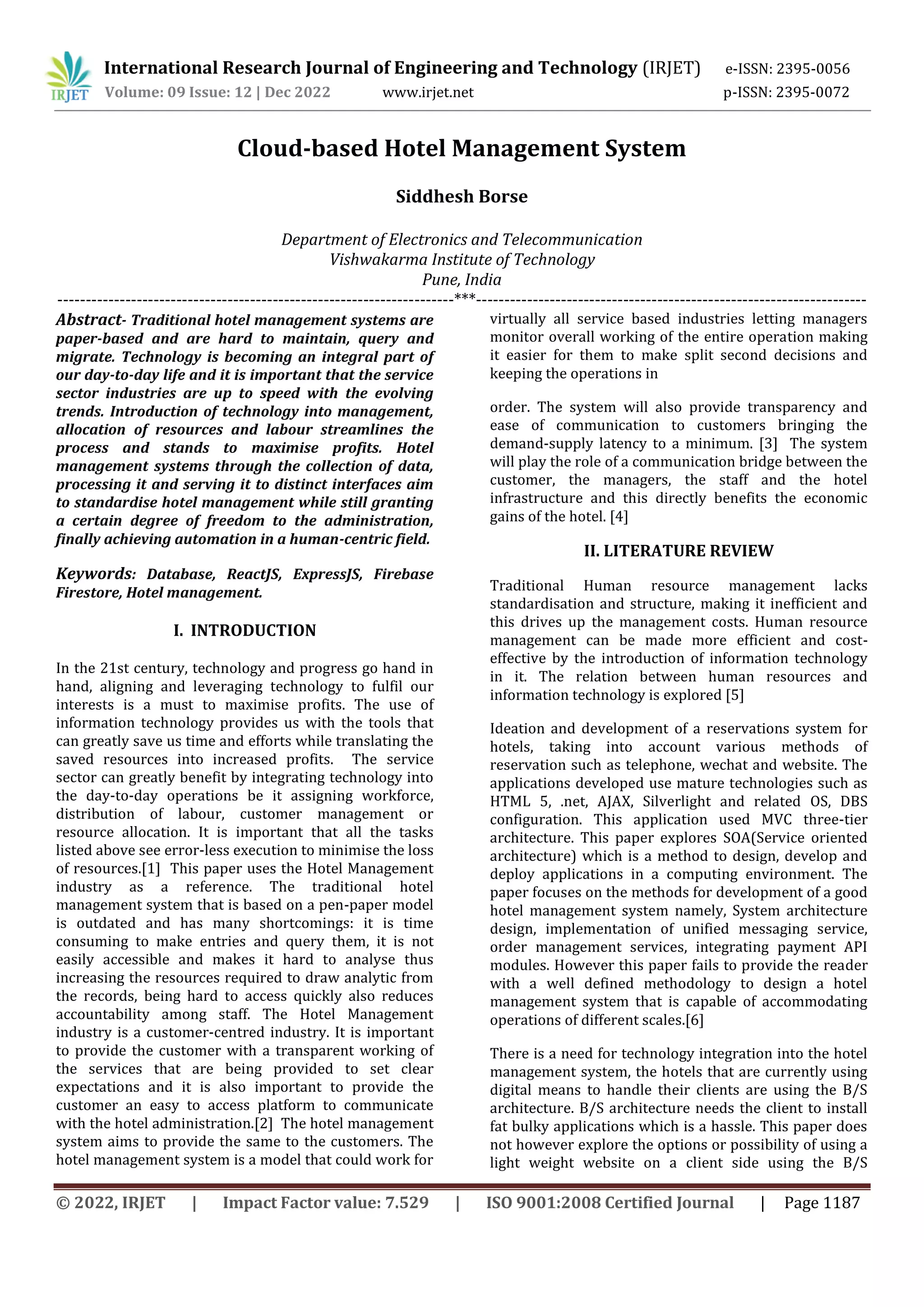 Cloud-based Hotel Management System | PDF