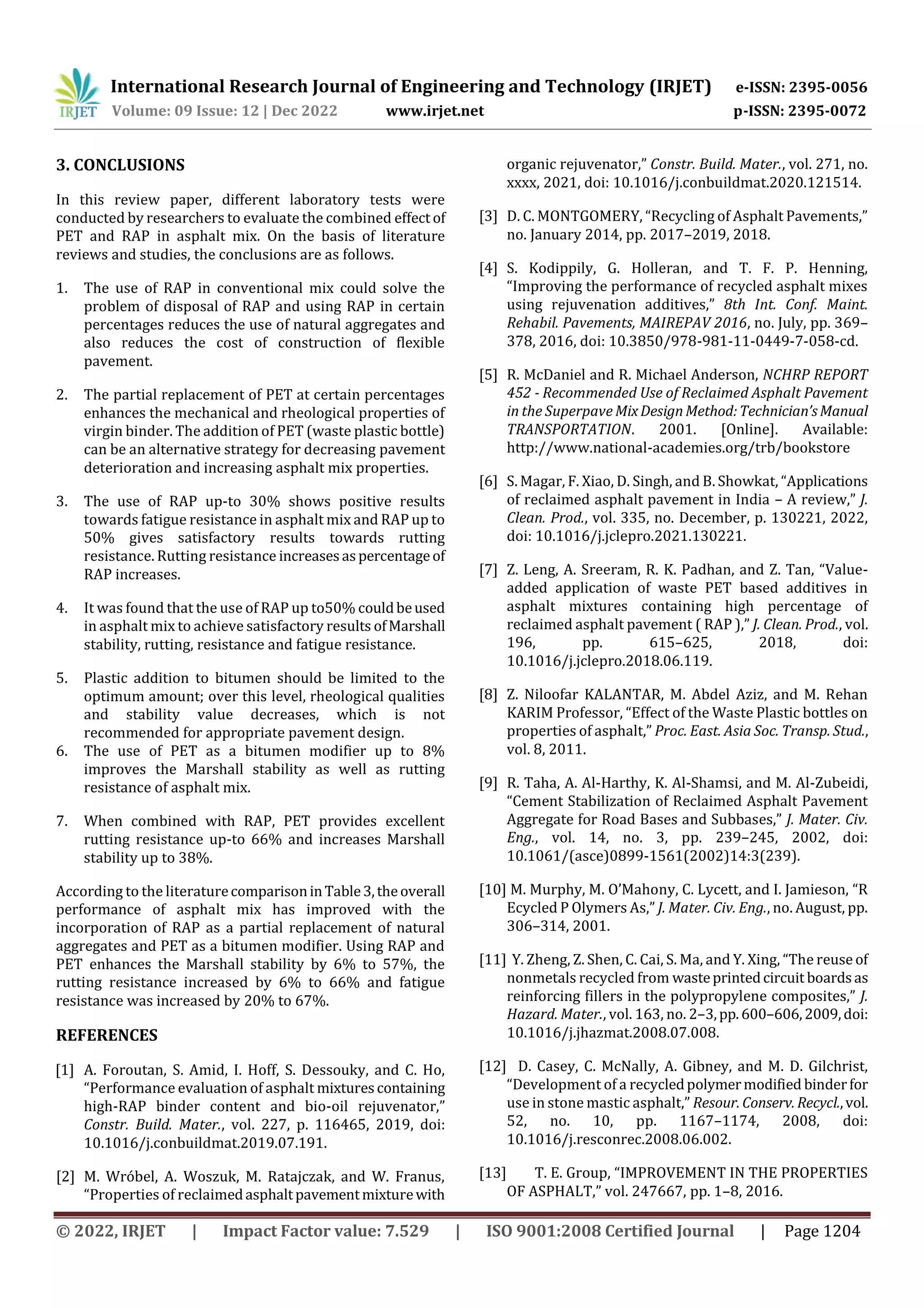 A review on Use of Reclaimed Asphalt Pavement (RAP) in Asphalt Mix with Polyethylene ...