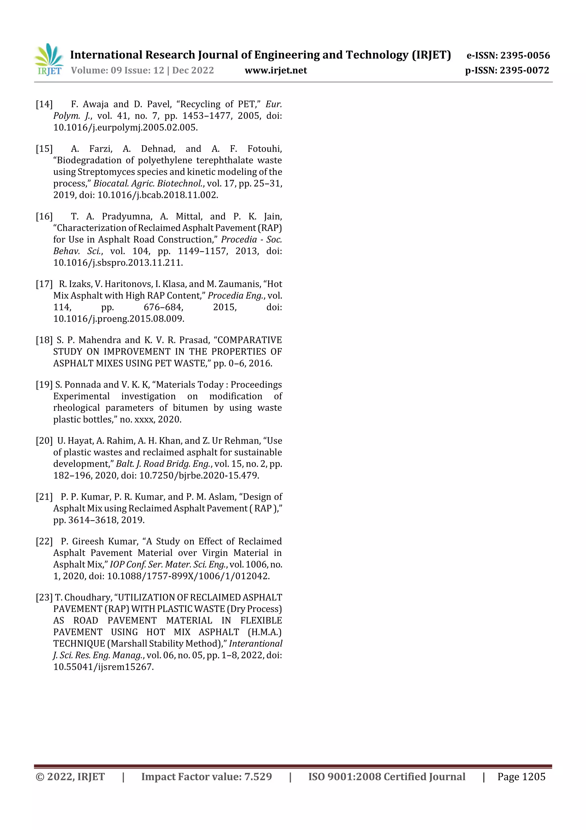 A review on Use of Reclaimed Asphalt Pavement (RAP) in Asphalt Mix with Polyethylene ...