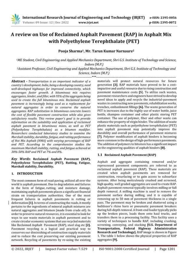 A review on Use of Reclaimed Asphalt Pavement (RAP) in Asphalt Mix with Polyethylene ...