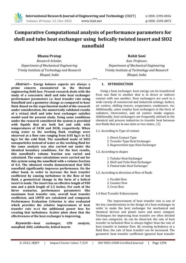 IRJET-V9I12214.Comparative Computational analysis of performance parameters for shell and tube ...