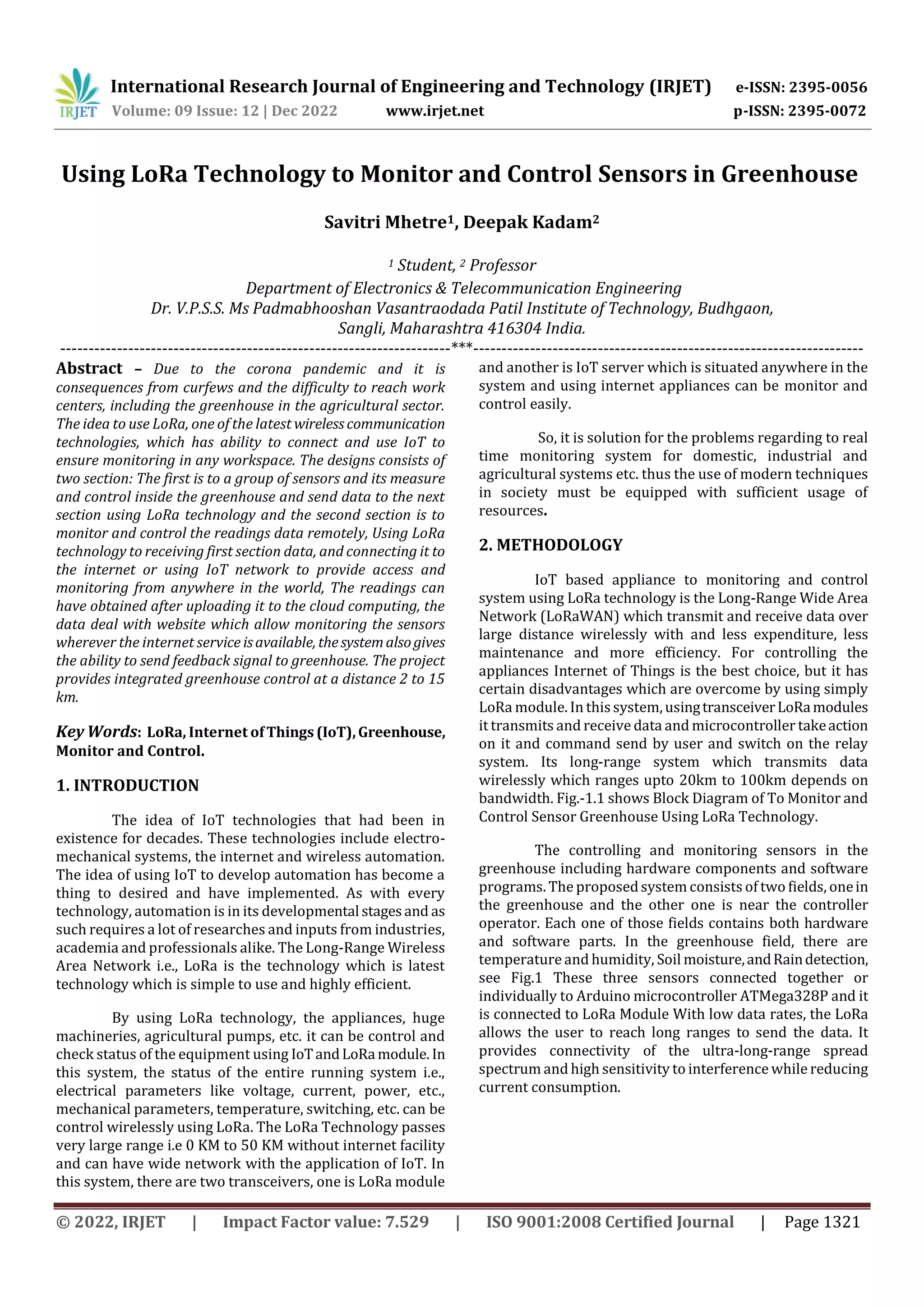 Using LoRa Technology to Monitor and Control Sensors in Greenhouse | PDF