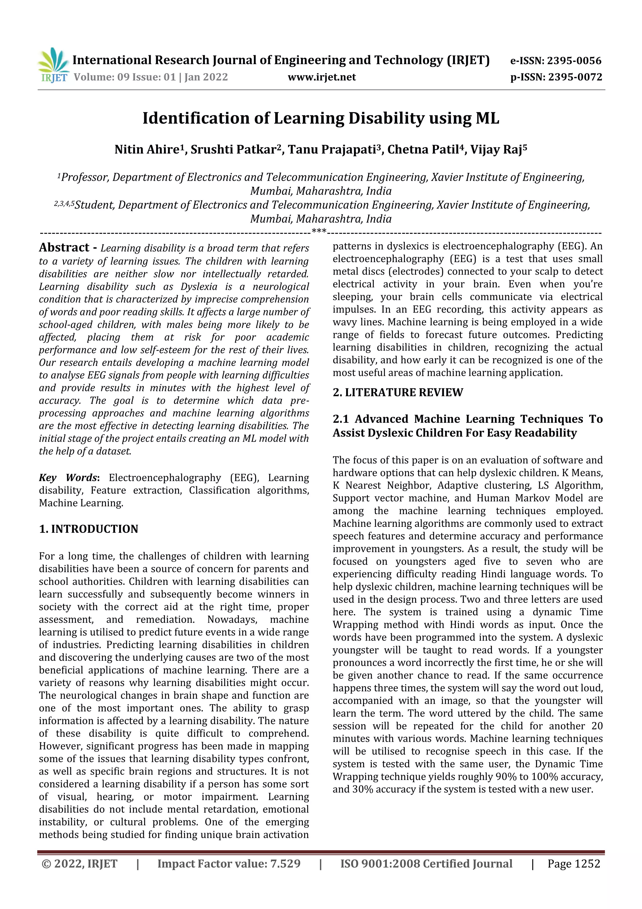 Identification of Learning Disability using ML | PDF