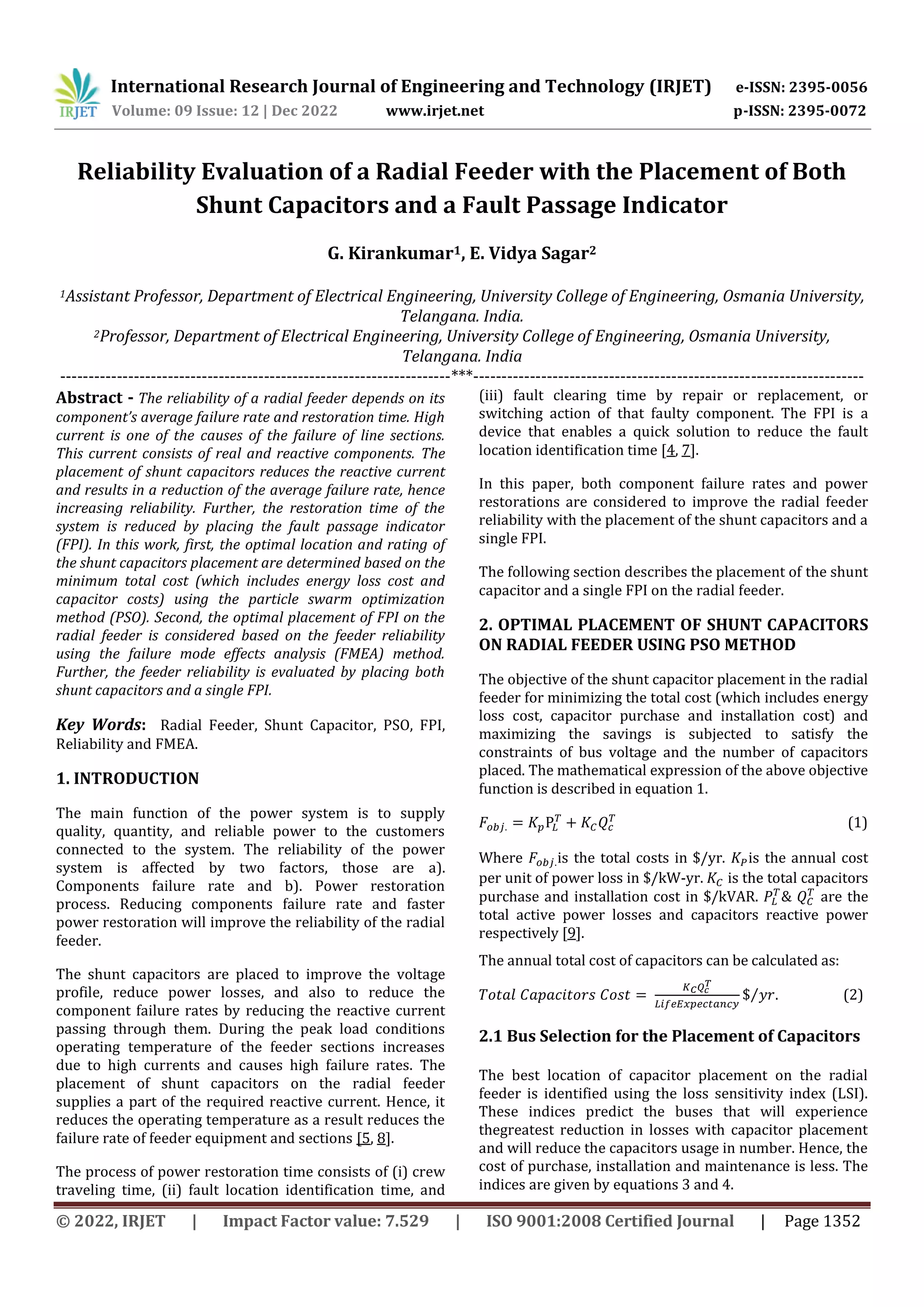 Reliability Evaluation of a Radial Feeder with the Placement of Both ...